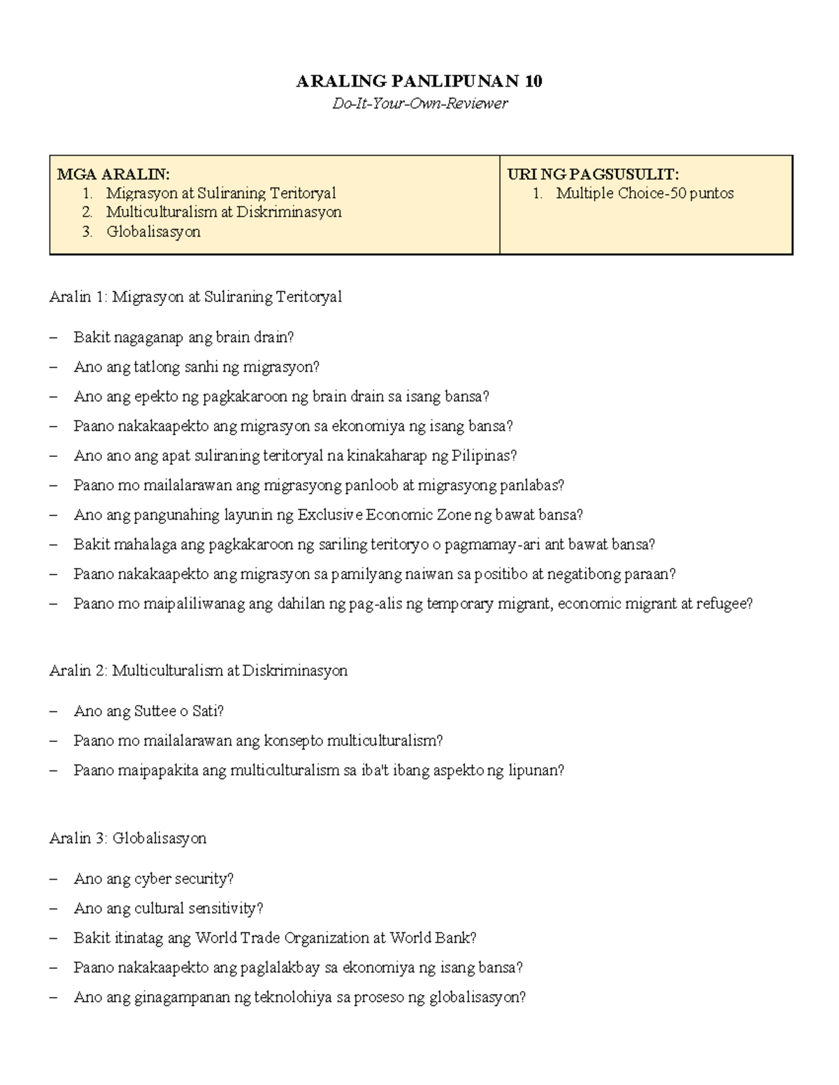 Araling Panlipunan 10-Reviewer - ARALING PANLIPUNAN 10 Do-It-Your-Own ...