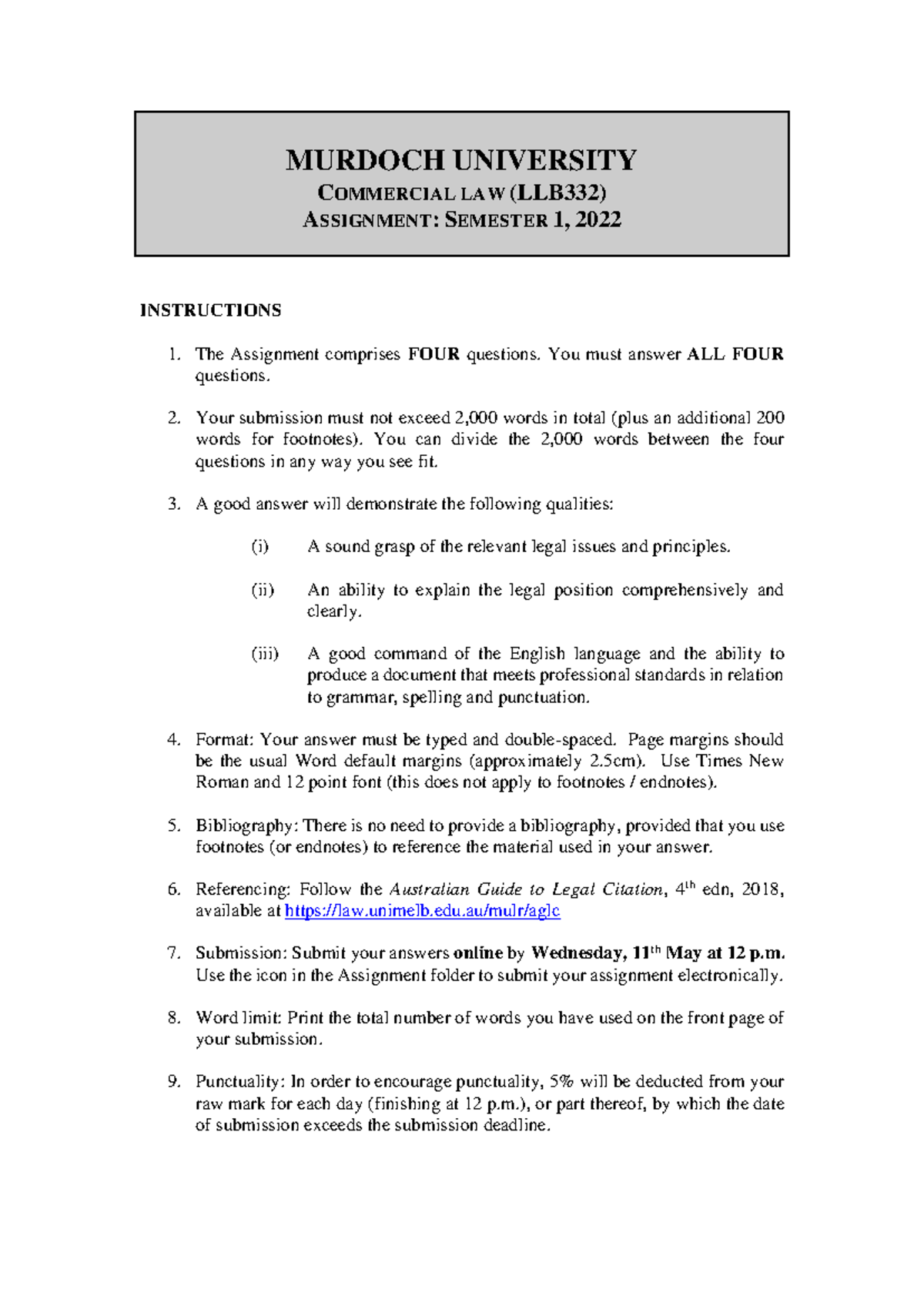 Commercial Law Assignment -S1, 2022 - MURDOCH UNIVERSITY COMMERCIAL LAW ...