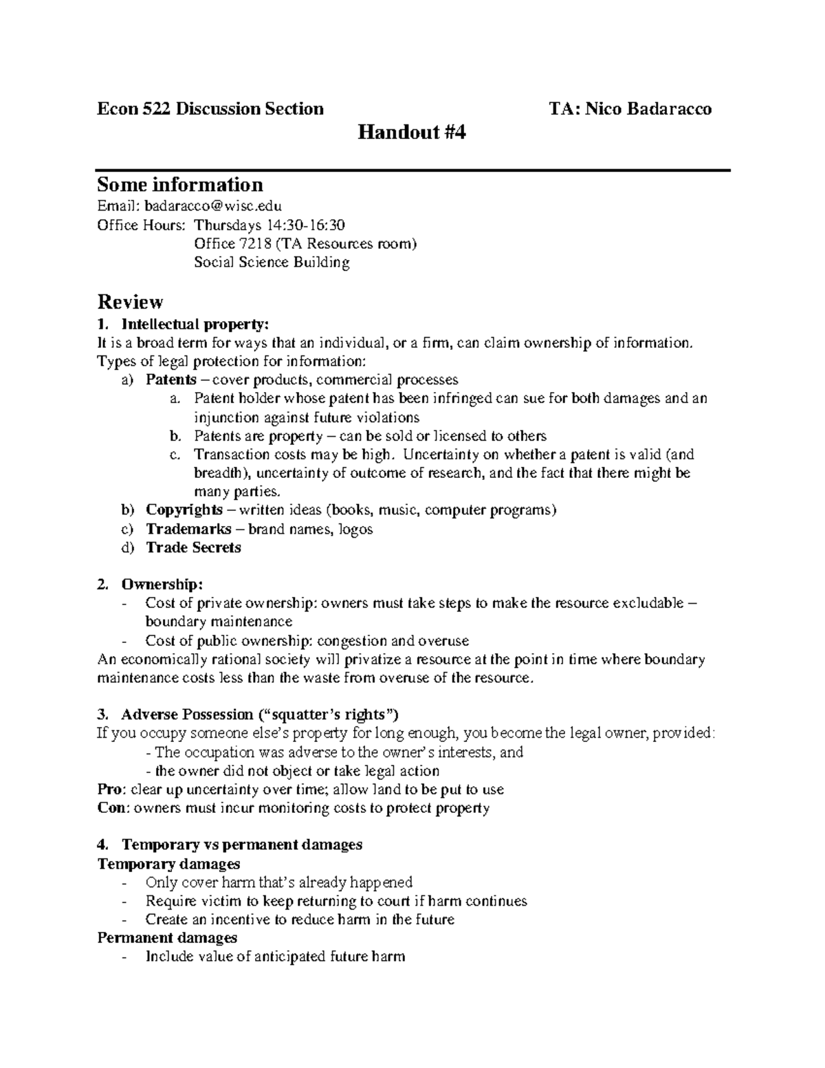 Handout-4-sol - Problems+Answers - Econ 522 Discussion Section TA: Nico ...