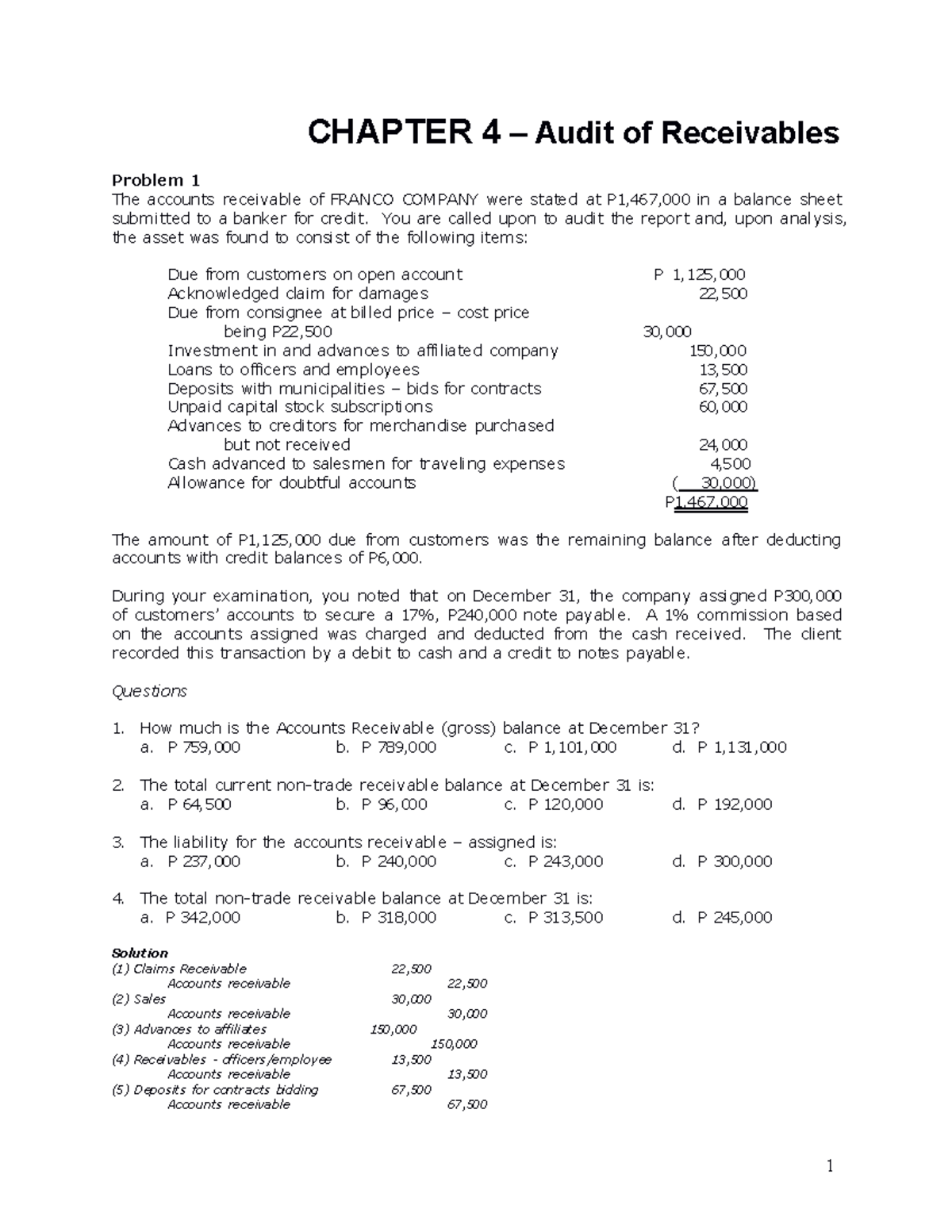 Toaz - resaerch rrl - CHAPTER 4– Audit of Receivables Problem 1 The ...