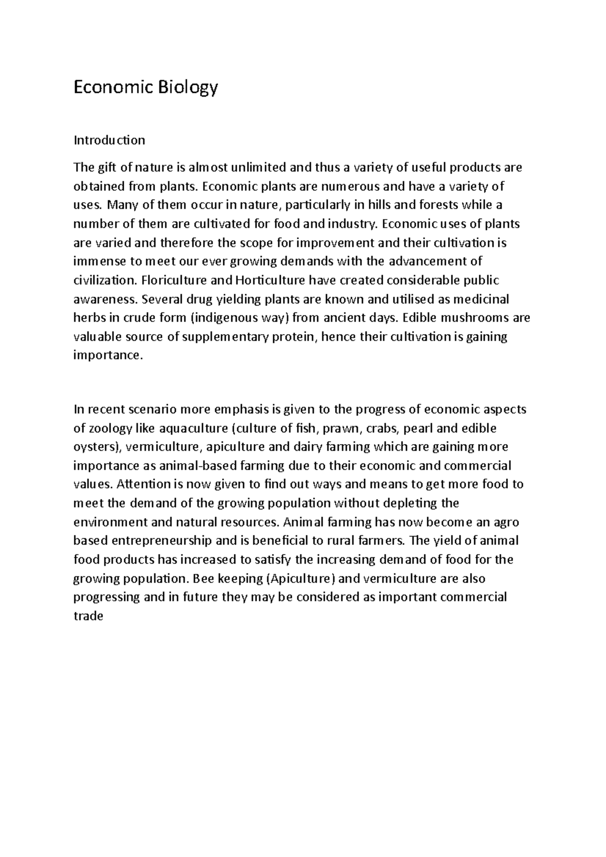 Economic Biology - Lecture notes 2-3 - Economic Biology Introduction ...