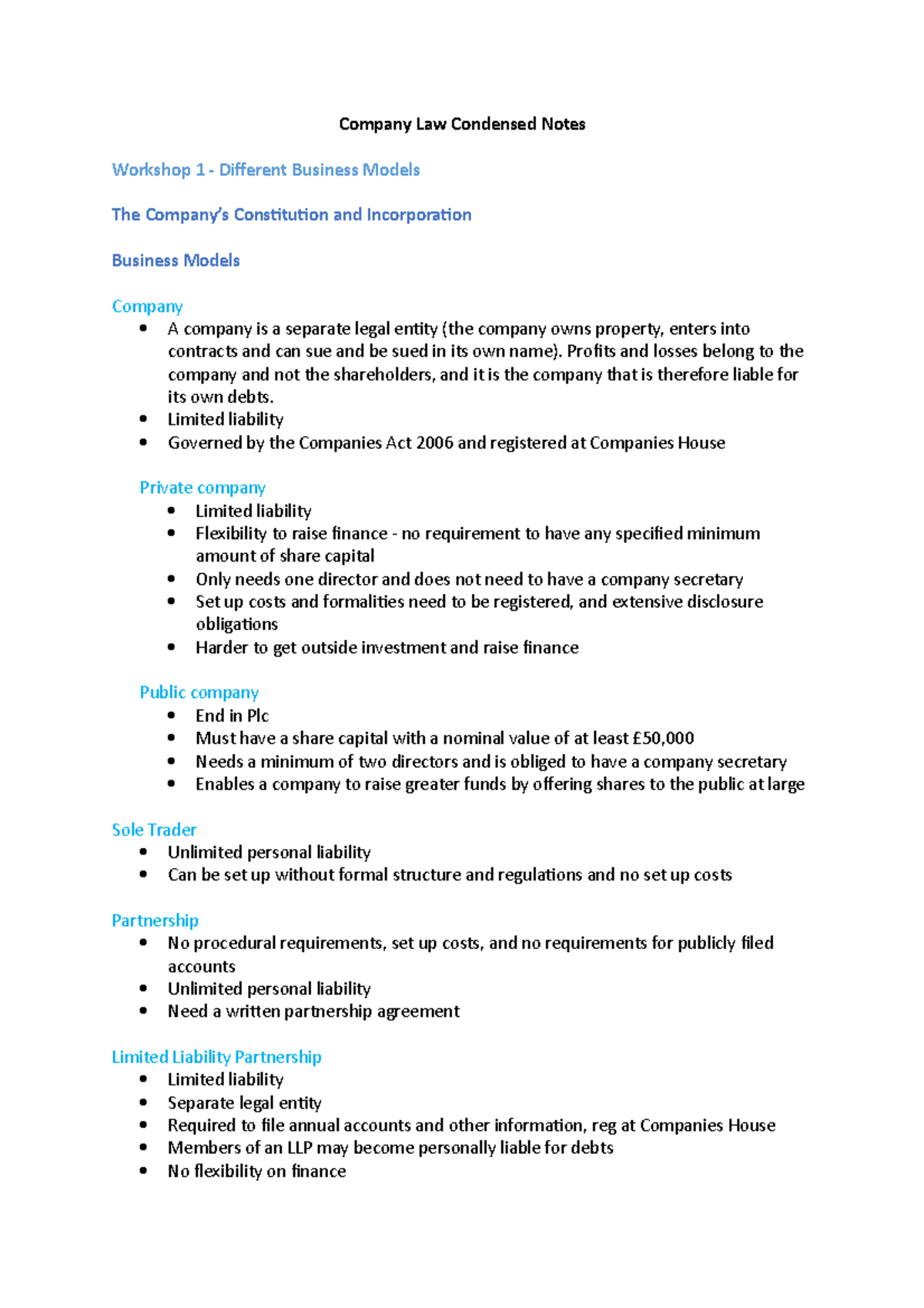 Company Law Condensed Notes - Company Law Condensed Notes Workshop 1 ...