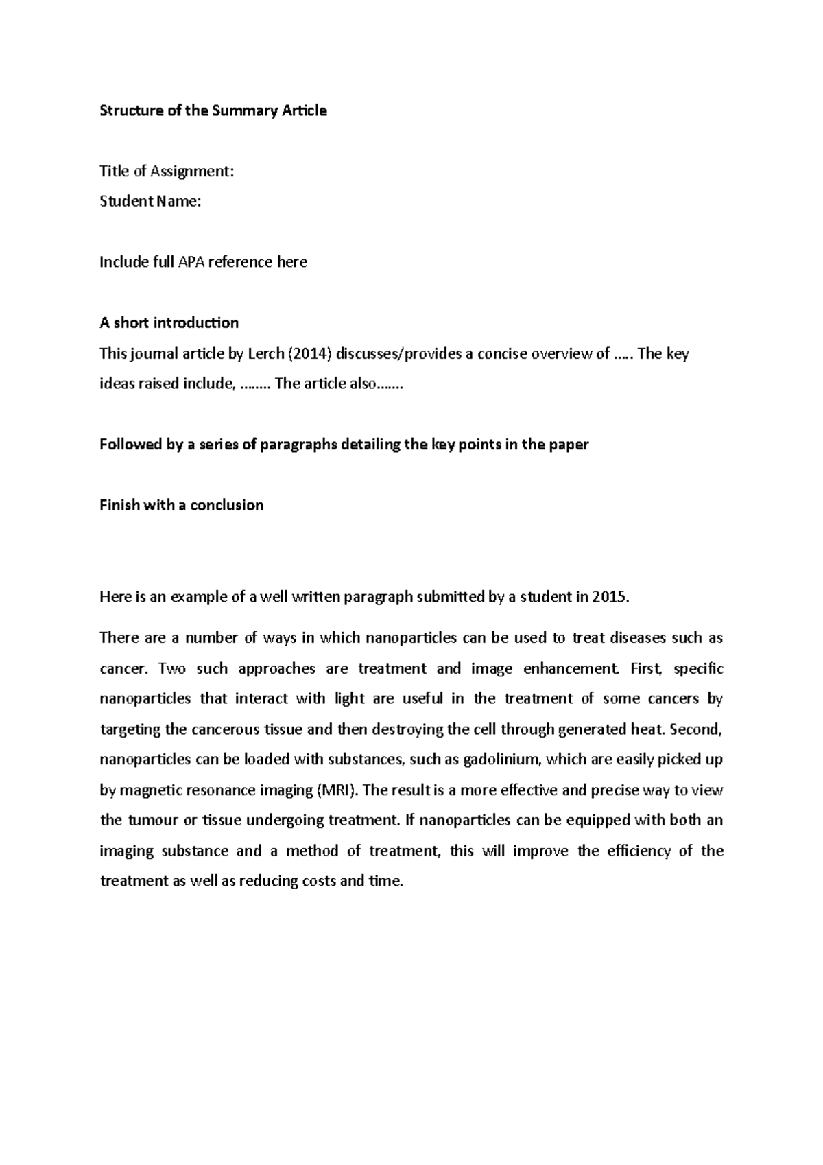 Example of a well written paragraph - Structure of the Summary Article ...