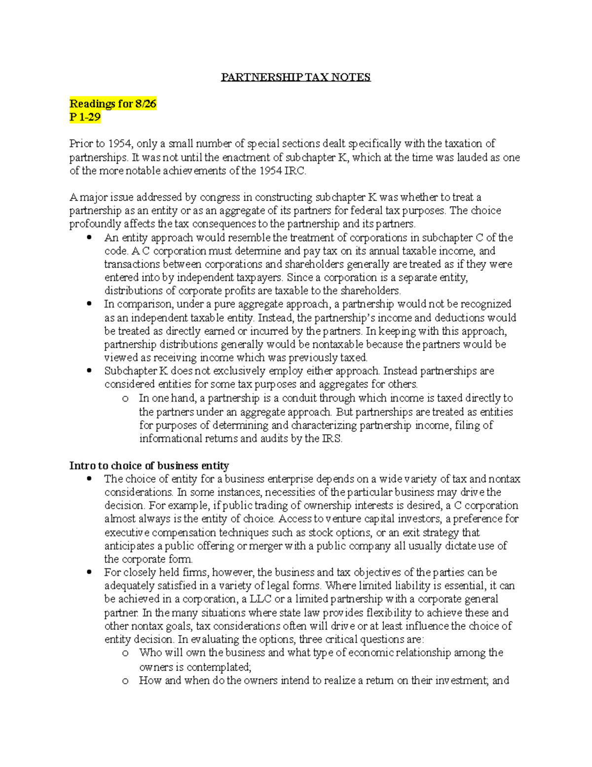 Partnership TAX Notes - PARTNERSHIP TAX NOTES Readings for 8/ P 1 ...