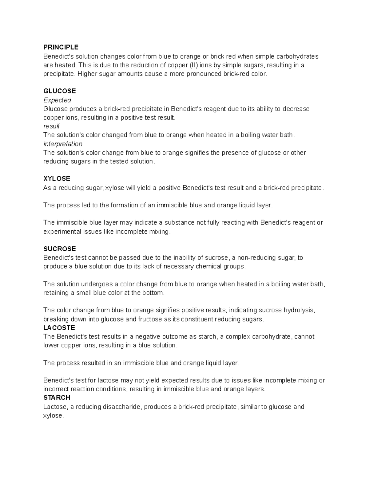 Biochemistry Lecture Notes - PRINCIPLE Benedict's solution changes ...