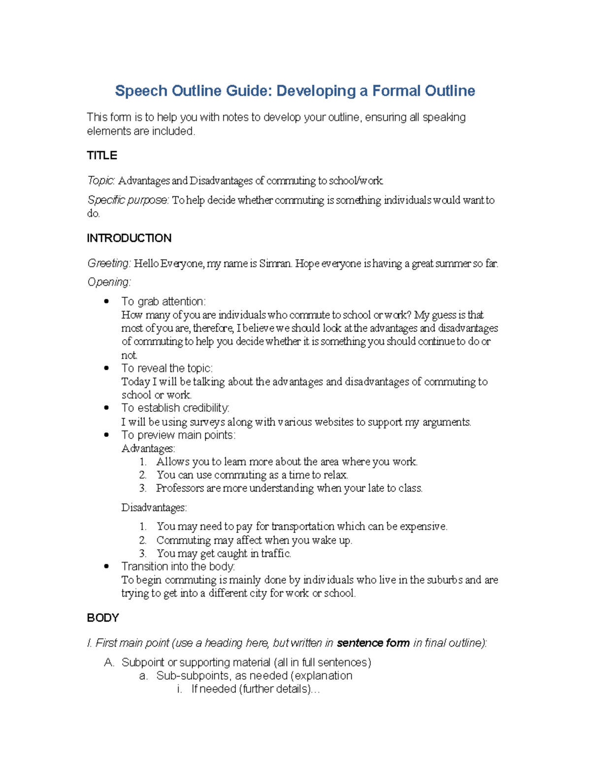 CCMN114 Speech Outline Guide - Speech Outline Guide: Developing a ...
