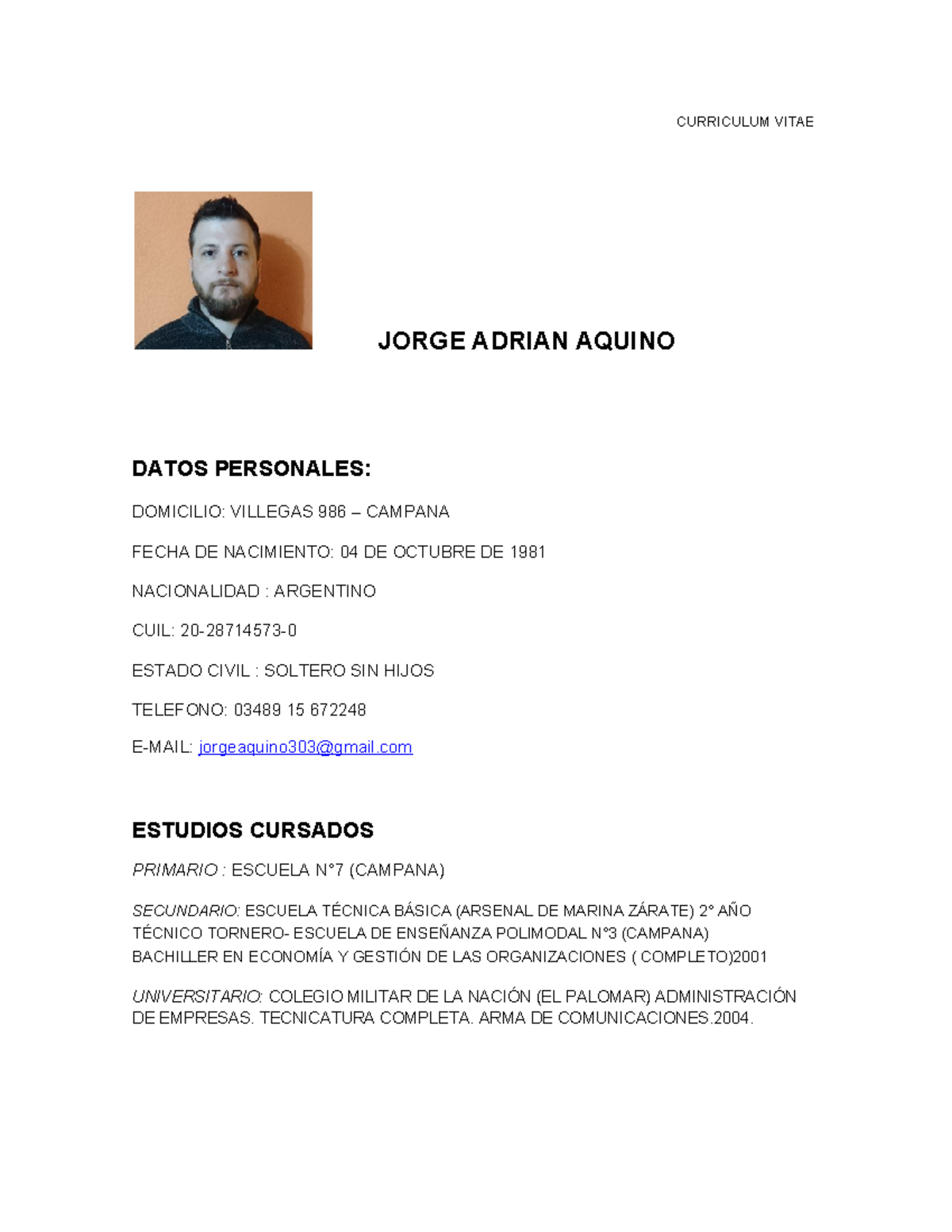 CV Jorge Aquino - modelo de CV - CURRICULUM VITAE JORGE ADRIAN AQUINO ...