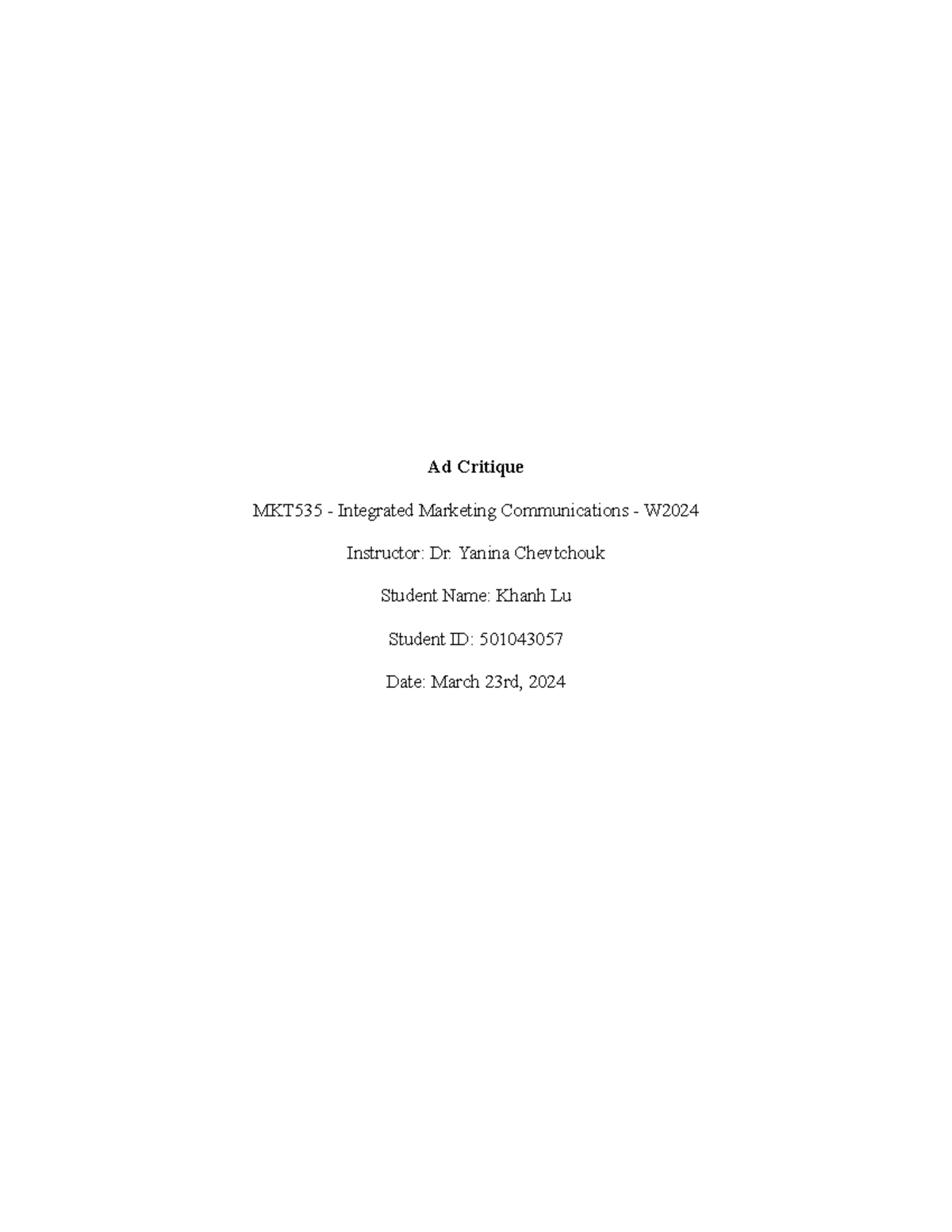 Ad Critique Assignment - Ad Critique MKT535 - Integrated Marketing ...