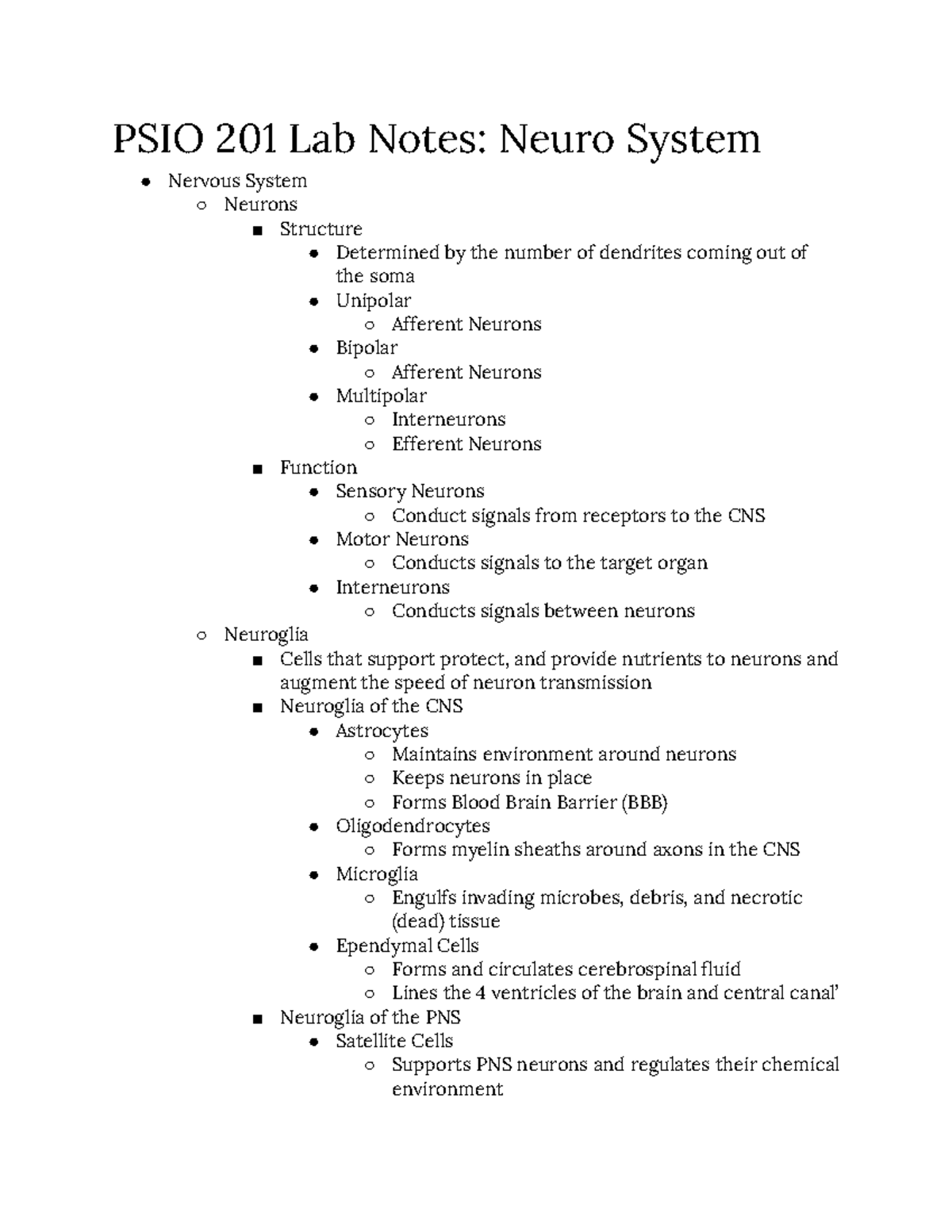 PSIO 201 Lab Notes Neuro System - PSIO 201 Lab Notes: Neuro System ...