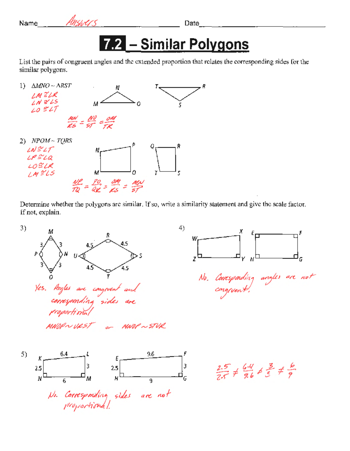 WS 7 2 Similar Polygons Answershs Name J Date
