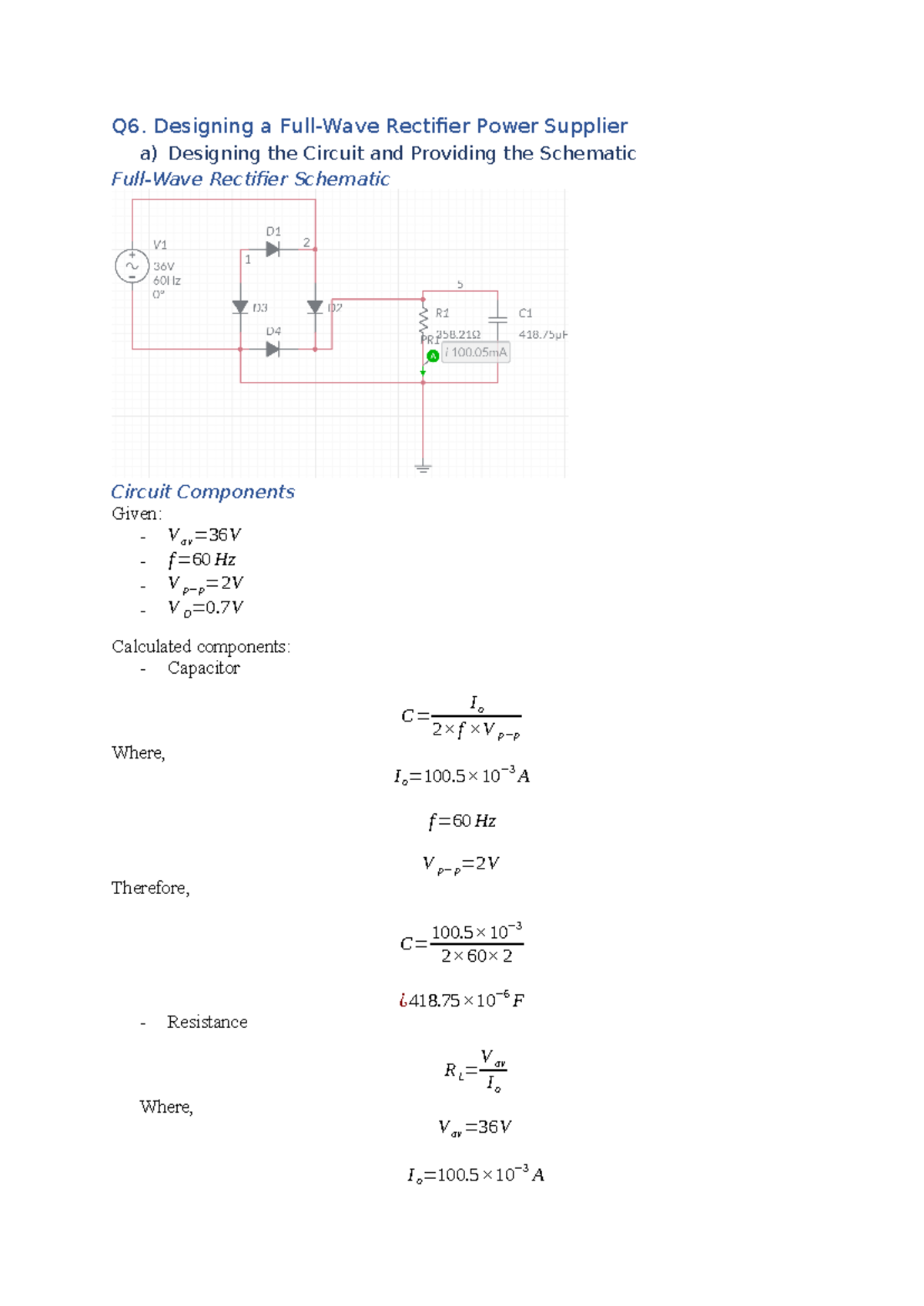 LAB e&c Final - Q6. Designing a Full-Wave Rectifier Power Supplier a) Designing the Circuit and ...