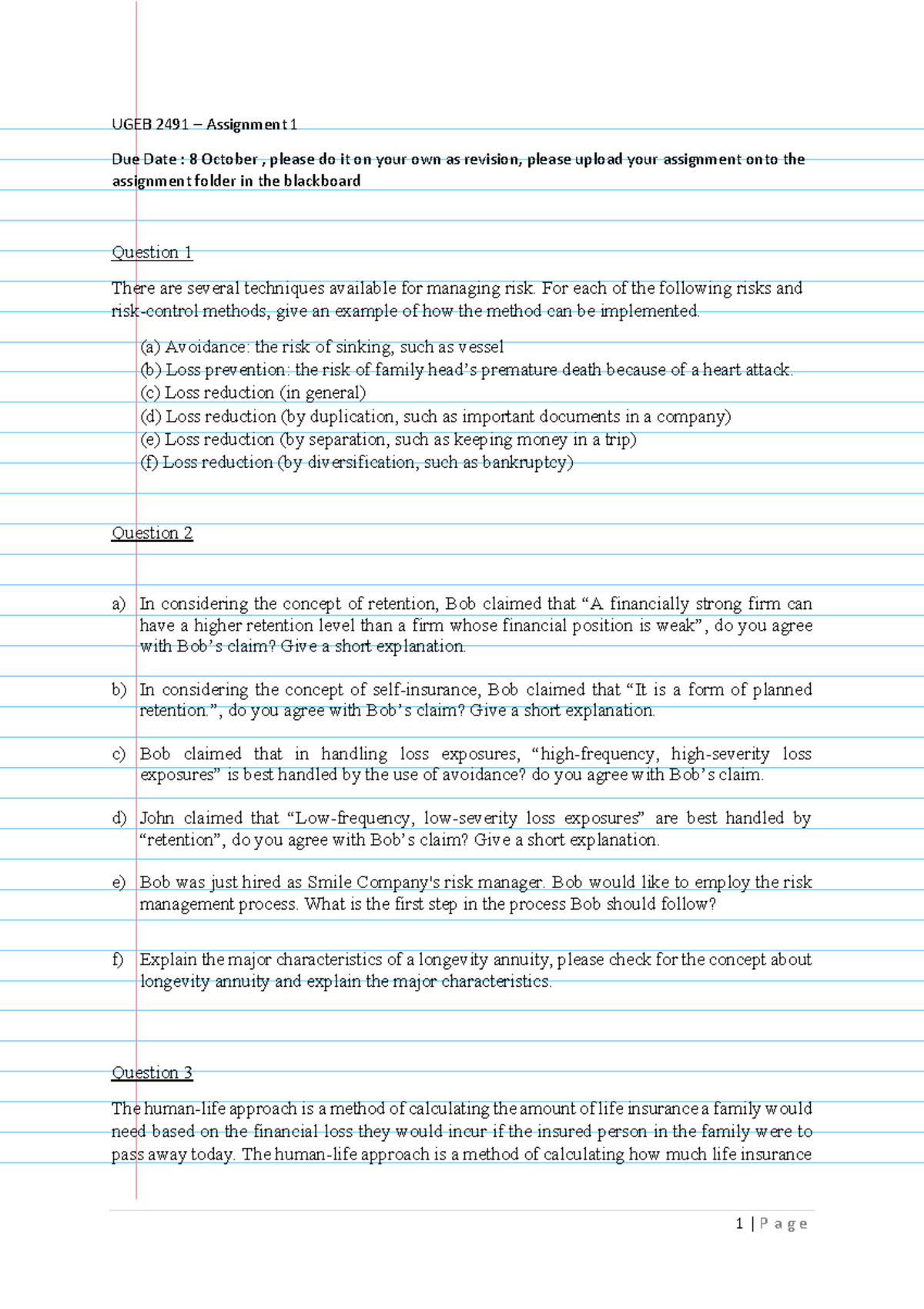 Assignment 1 Answer - 1 | P a g e UGEB 2491 – Assignment 1 Due Date : 8 October , please do it ...