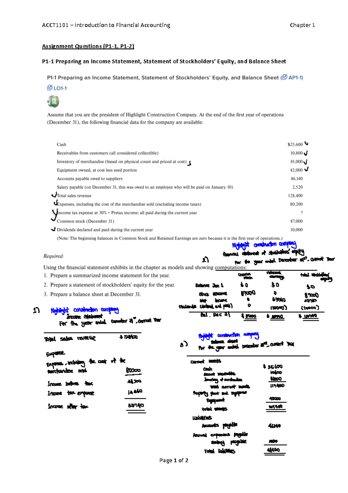 Ch.1 assignment questions - ACCT1101 – Introduction to Financial ...