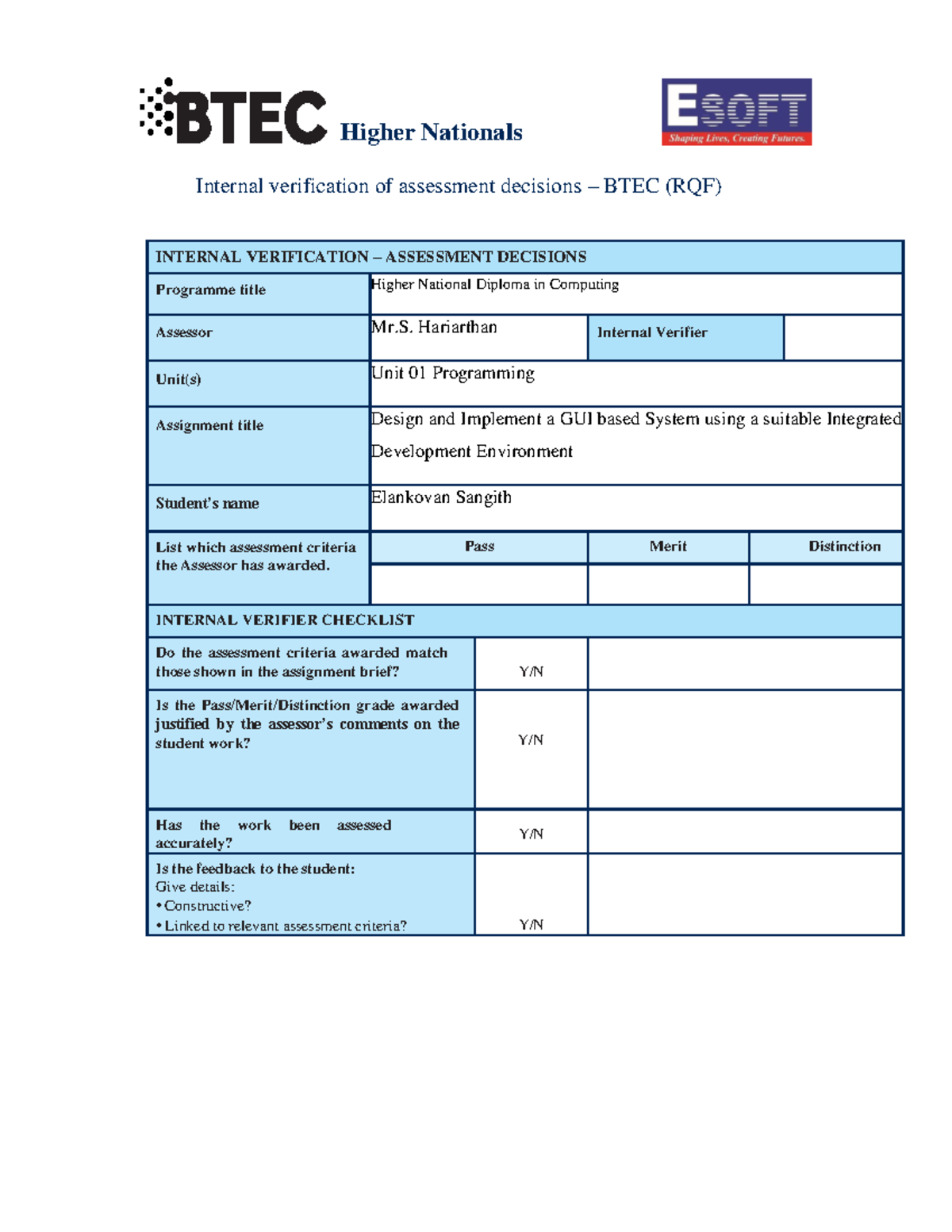 Unit 01 Programming - Higher Nationals Internal verification of assessment decisions – BTEC (RQF ...