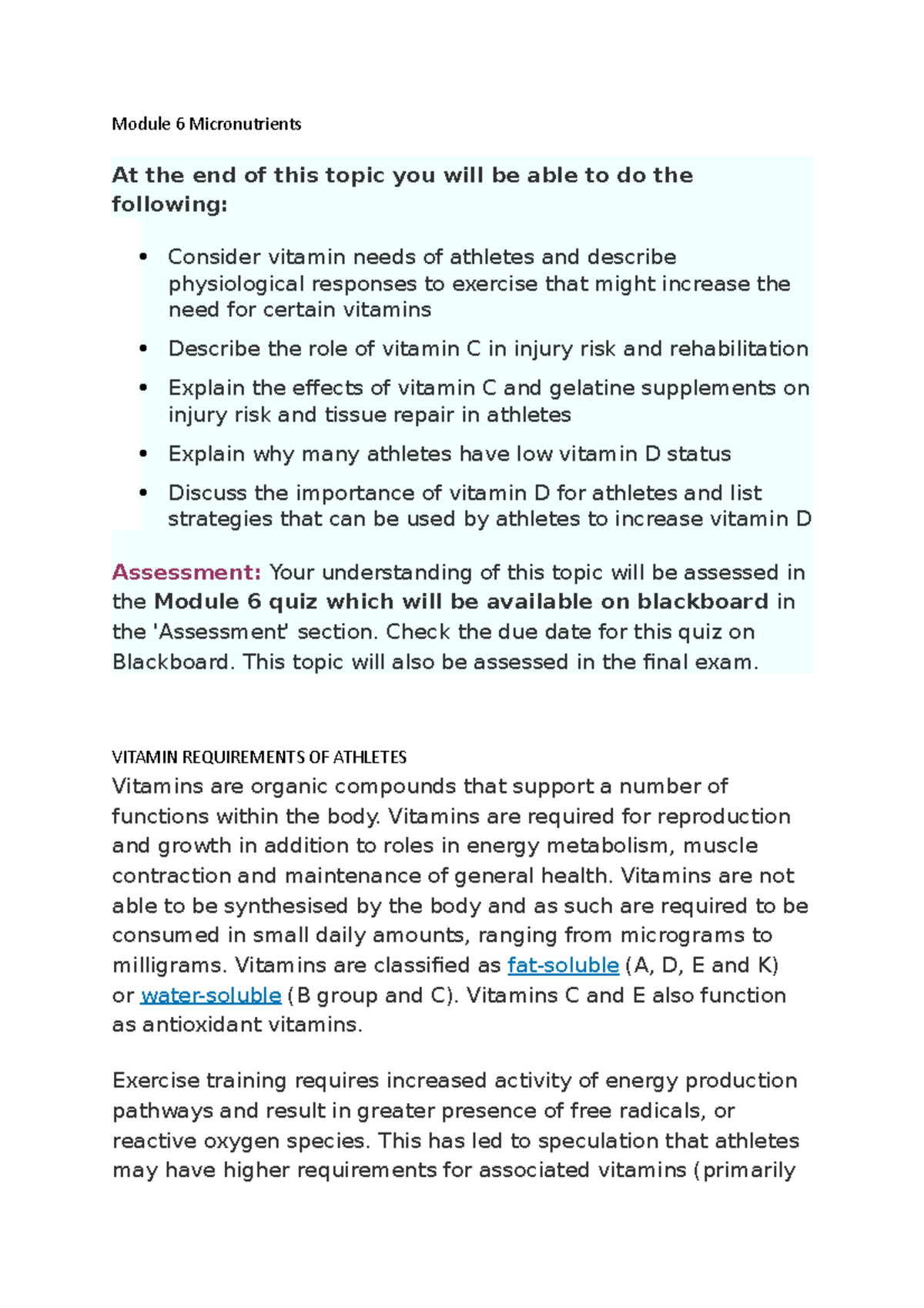 Module 6 Micronutrients NUTR3000 - Module 6 Micronutrients At the end ...