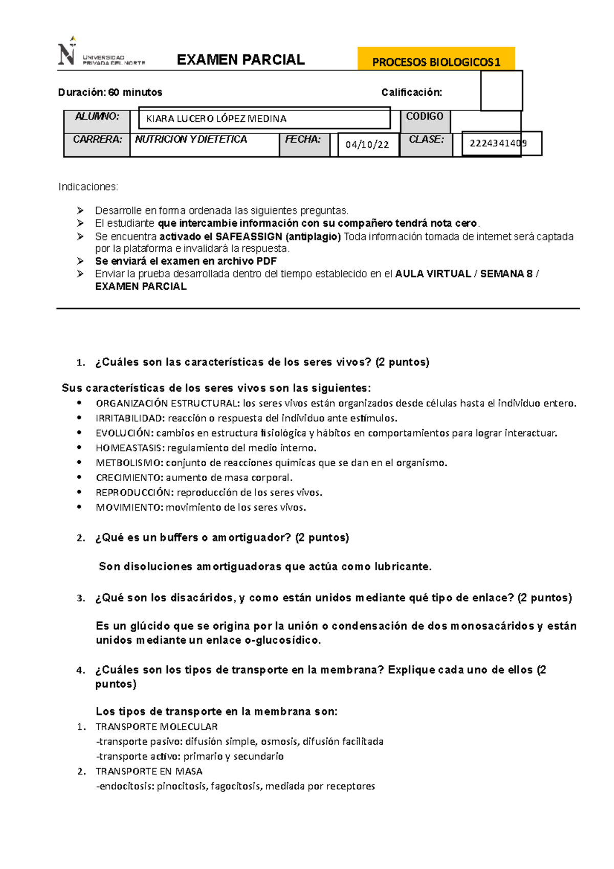 Examen Parcial Procesos Biologicos 2022-2 - Indicaciones: Desarrolle en ...