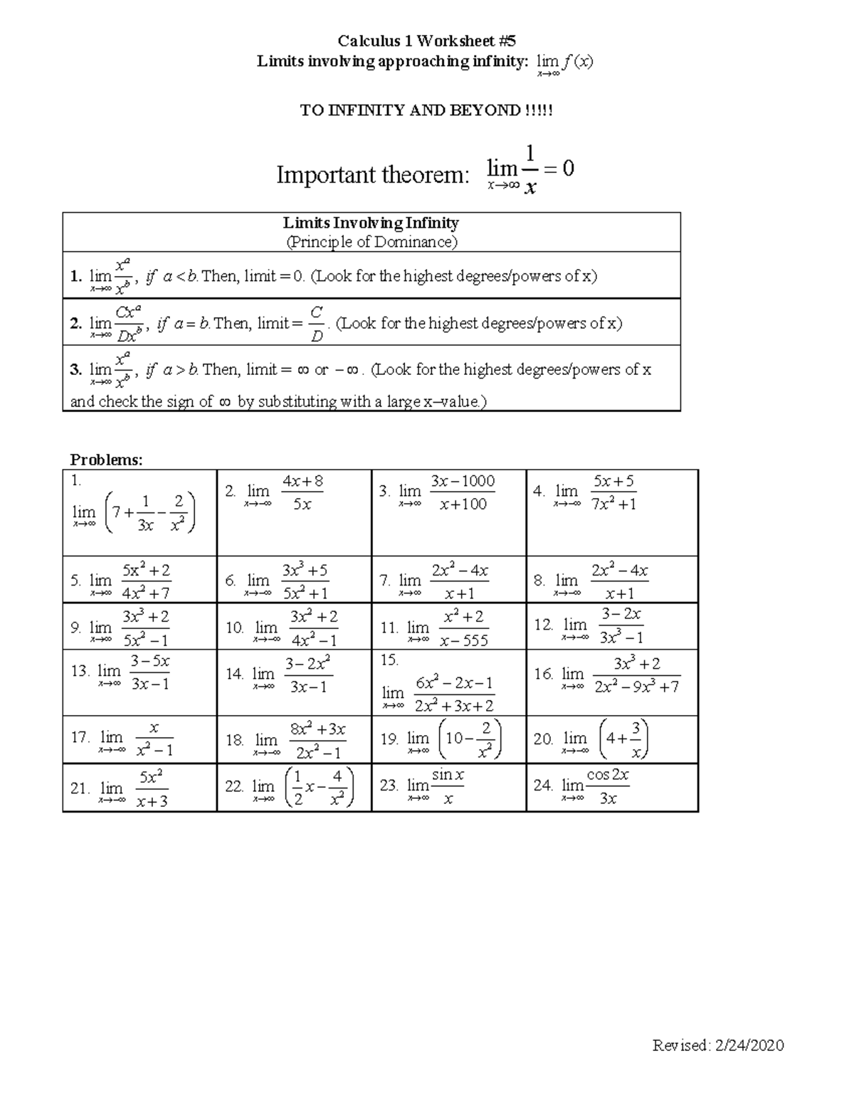 AB ws 005 limits to infinity - Revised: 2/24/ Calculus 1 Worksheet ...