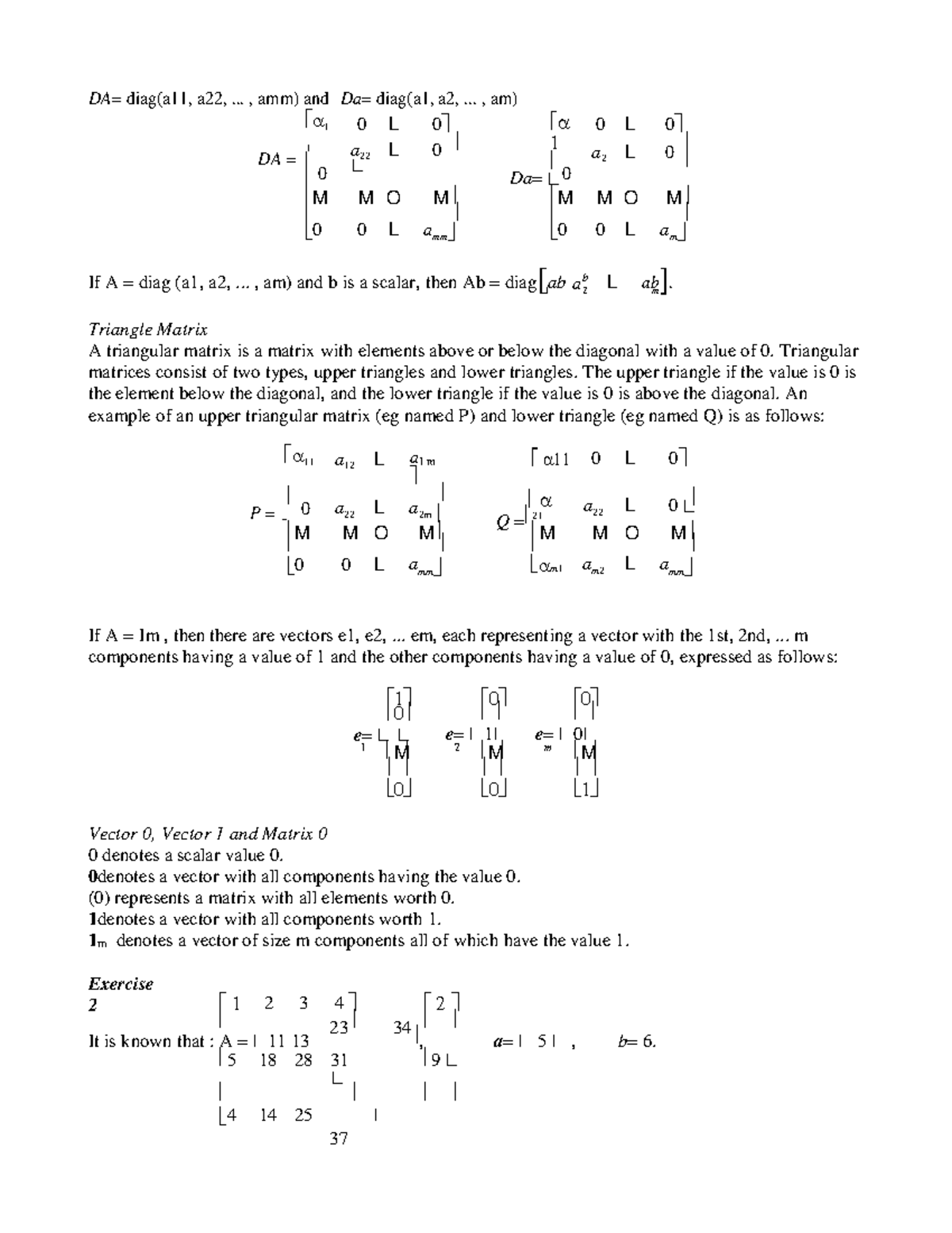 Notes Algebra 1 - Unit-8 - 0 1 a m 2 DA= diag(a11, a22, ... , amm) and ...
