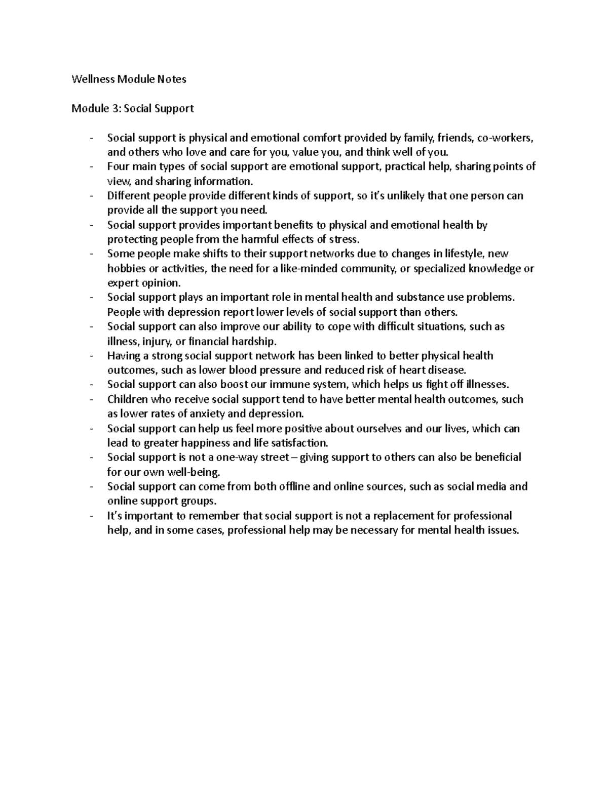 Module 3 - Wellness Module Notes Module 3: Social Support Social ...