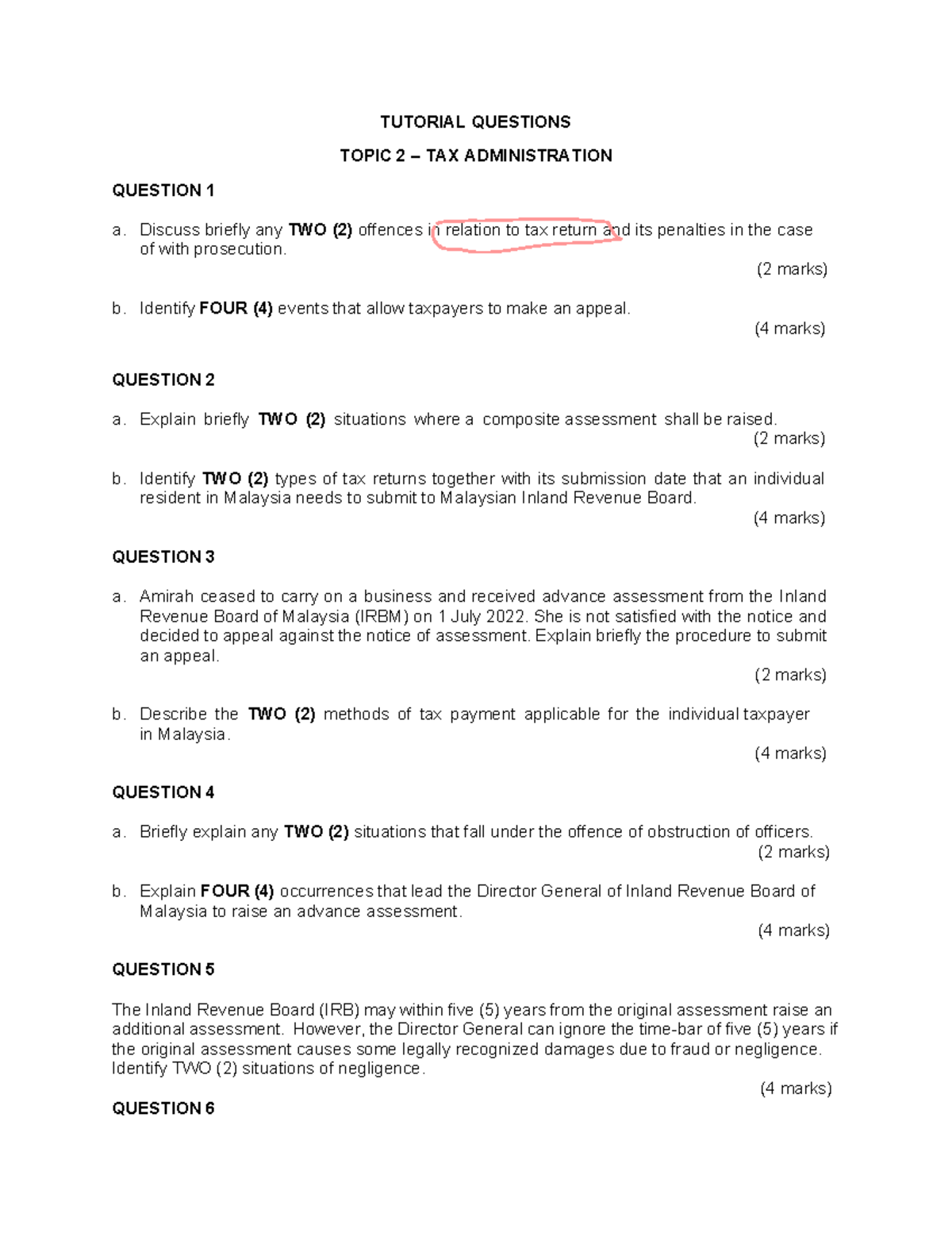 Tutorial Q Chapter 2 - Tax Administration - TUTORIAL QUESTIONS TOPIC 2 – TAX ADMINISTRATION ...