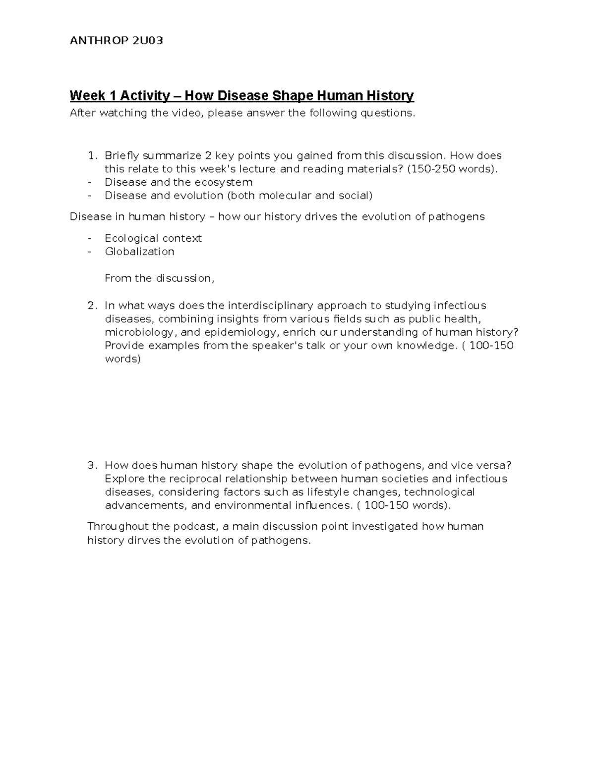 Anthrop 2U03 Week 1 Activity - ANTHROP 2U Week 1 Activity – How Disease ...