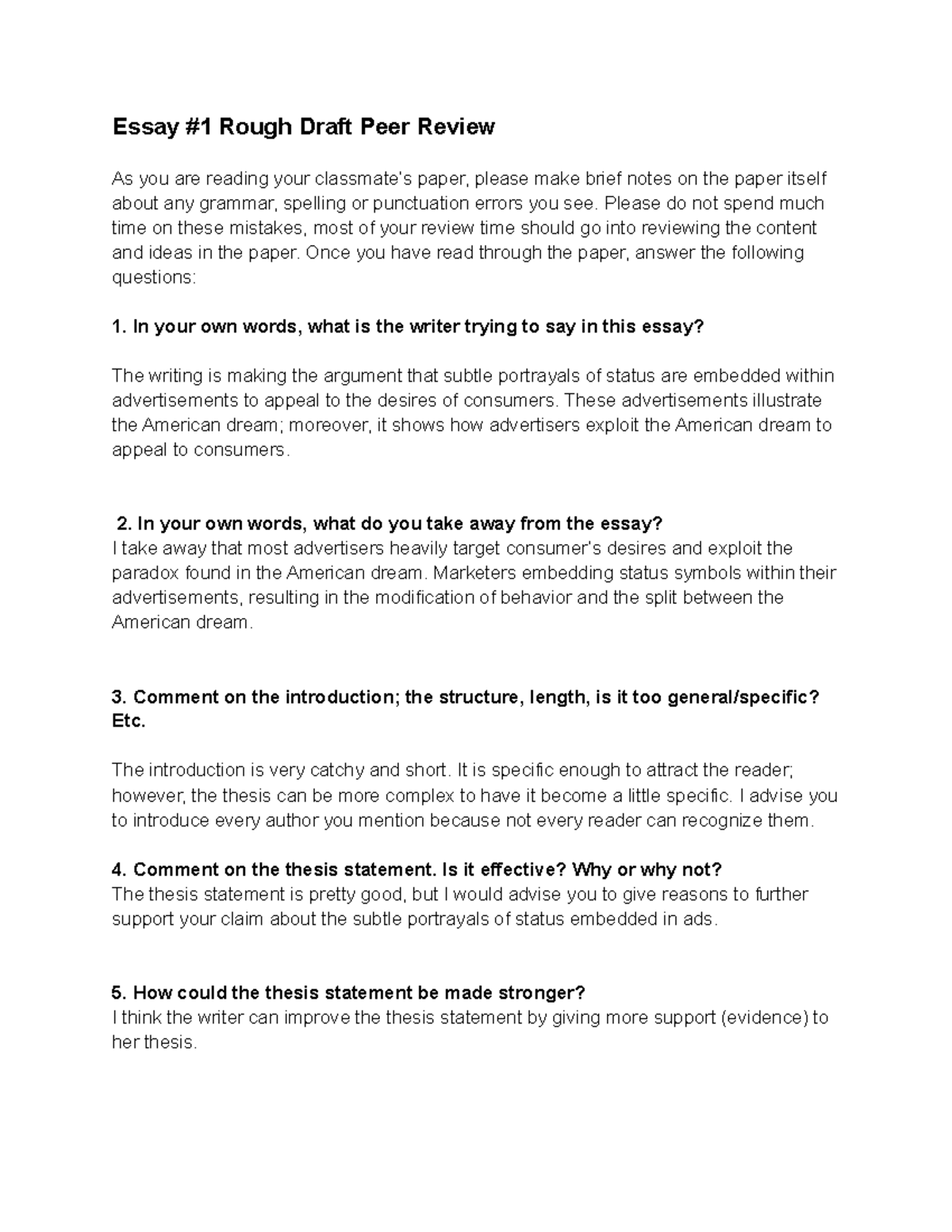 English Composition 2 - Professor Chichester - Peer Review - Essay #1 ...