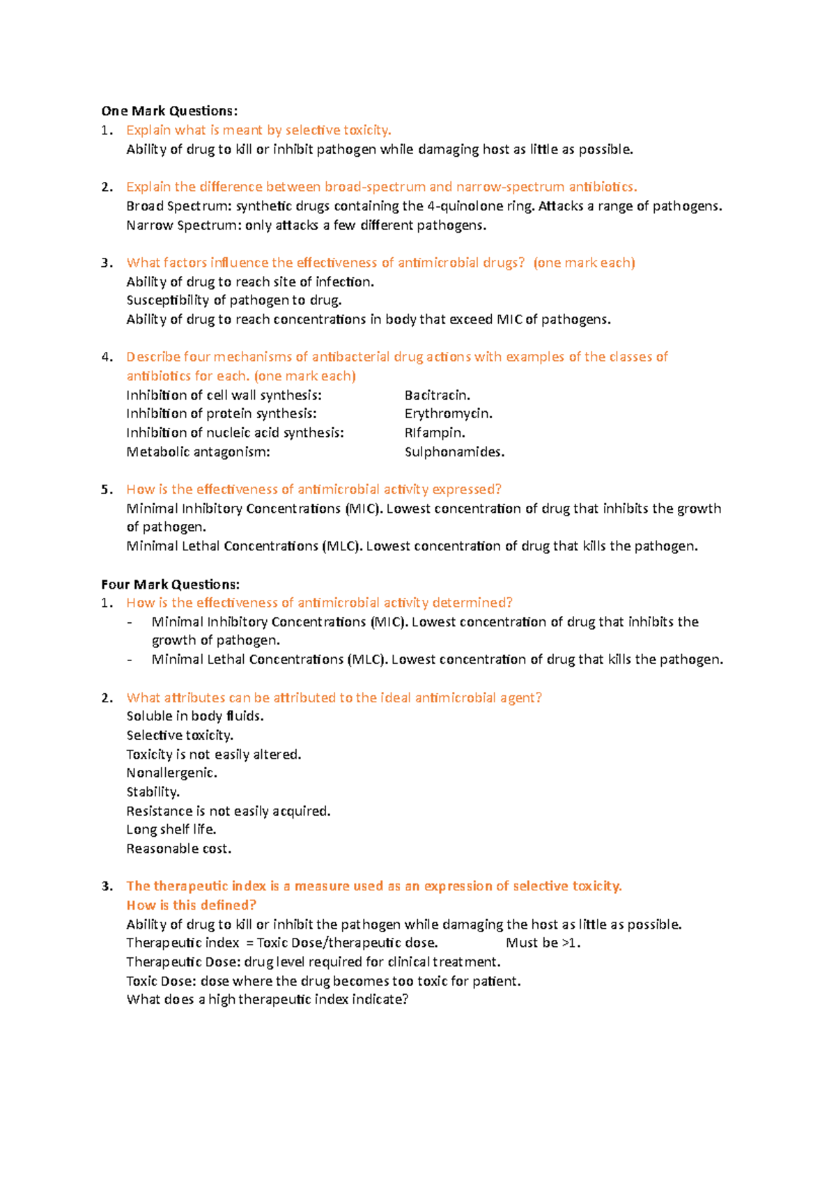 Antibacterial Lecture + Questions - One Mark Questions: Explain what is ...