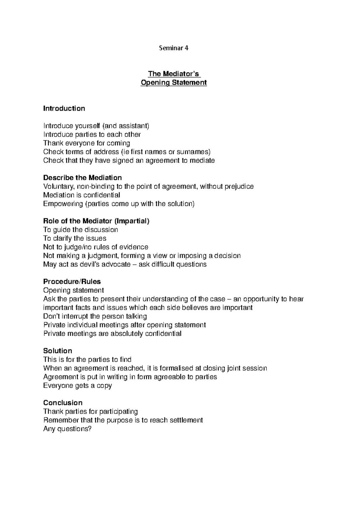 S4 Mediator - Seminar 4 The Mediator’s Opening Statement Introduction ...