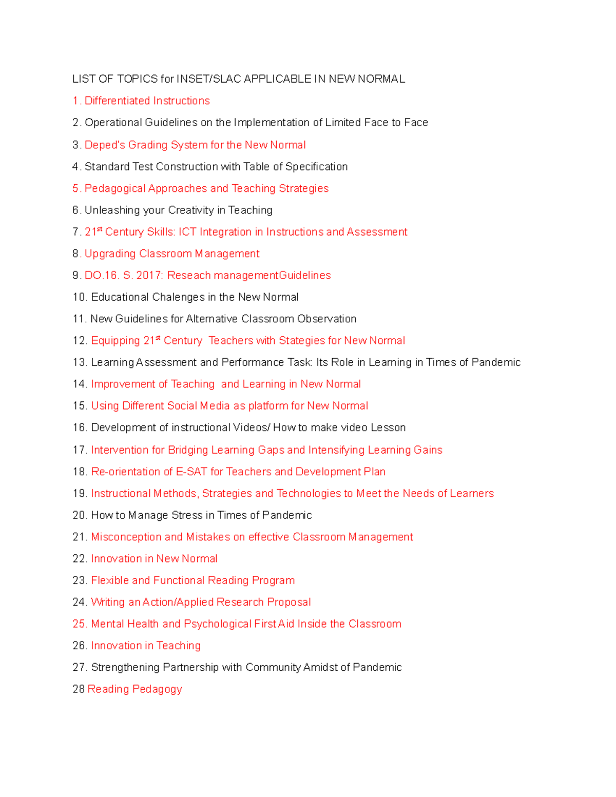LIST OF Topics FOR SY 2022-2023 - LIST OF TOPICS for INSET/SLAC ...