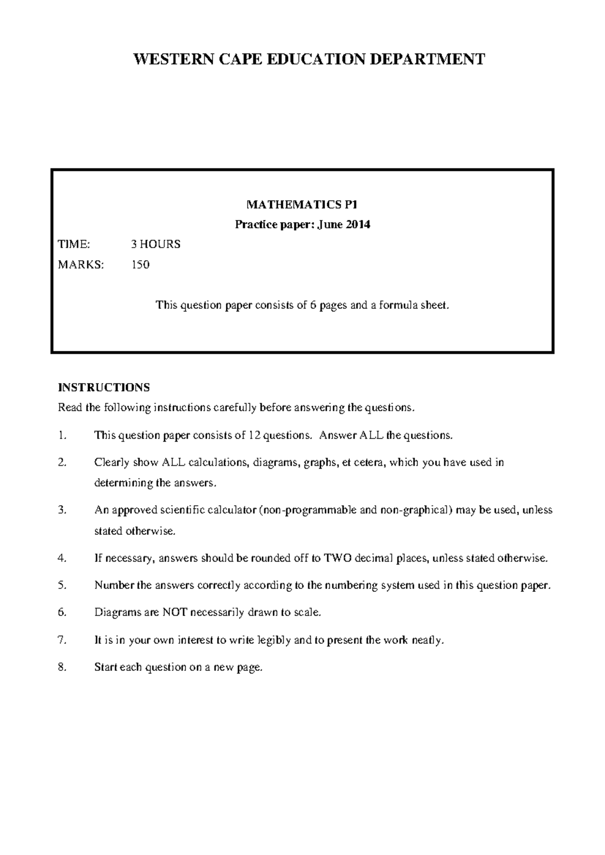 2014 Grade 12 Math June Exemplar Paper 1 WC - WESTERN CAPE EDUCATION ...