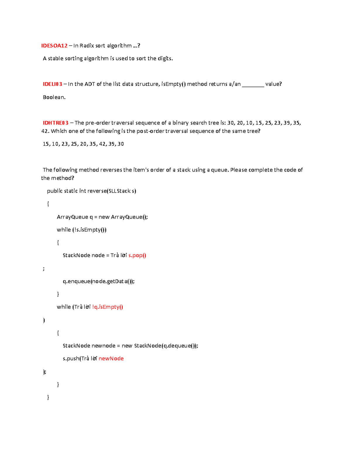 Key DSA - đề cương - IDESOA12 – In Radix sort algorithm ...? A stable ...