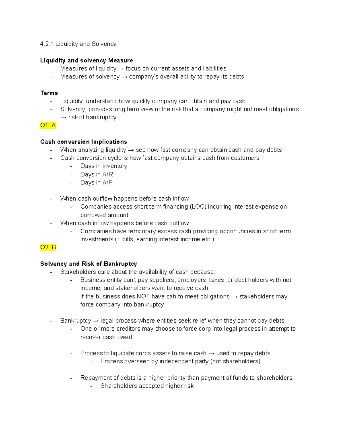 AFM 212 Module 4 Summary - 4.2 Liquidity and Solvency Liquidity and solvency Measure - Measures ...