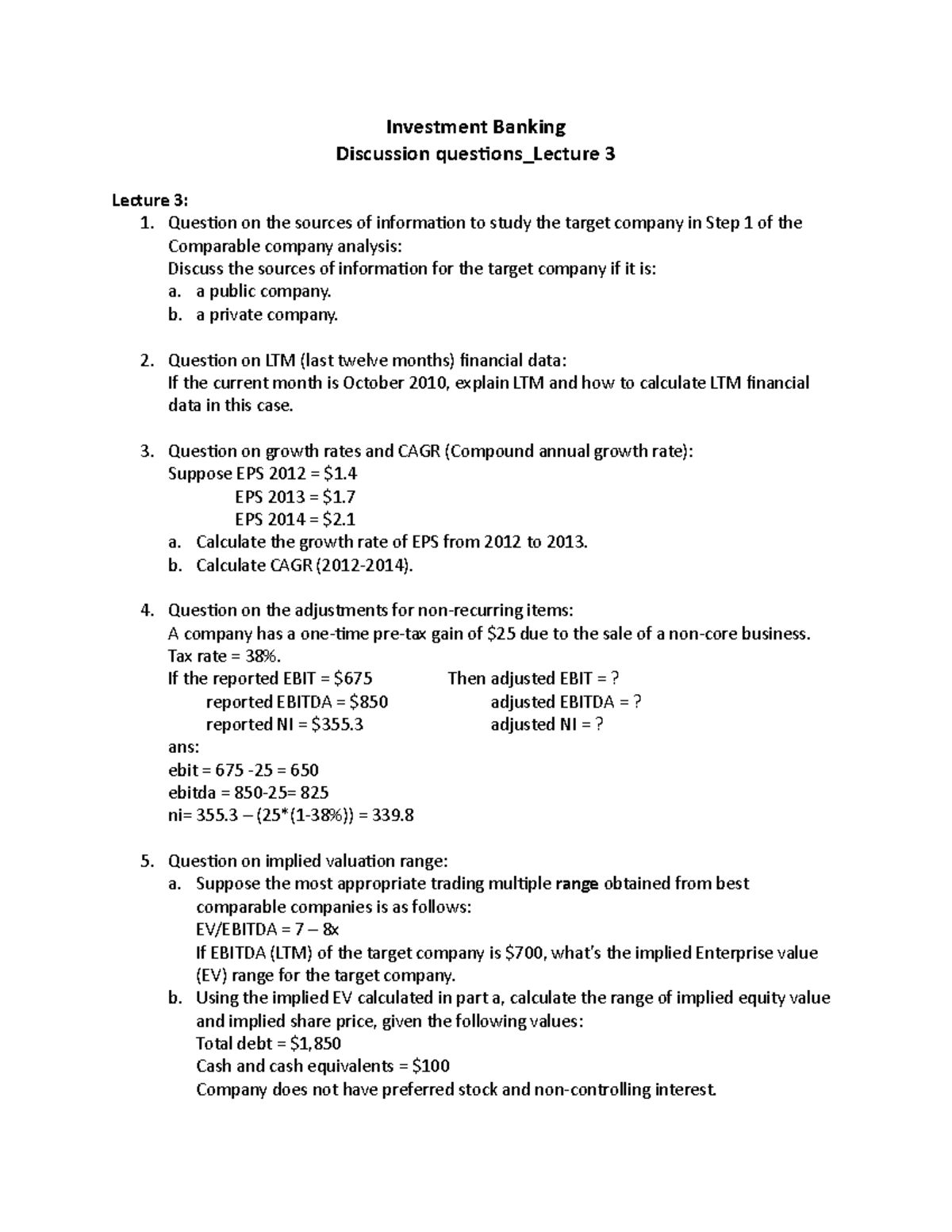 IB Discussion questions Lecture 3 - Investment Banking Discussion ...