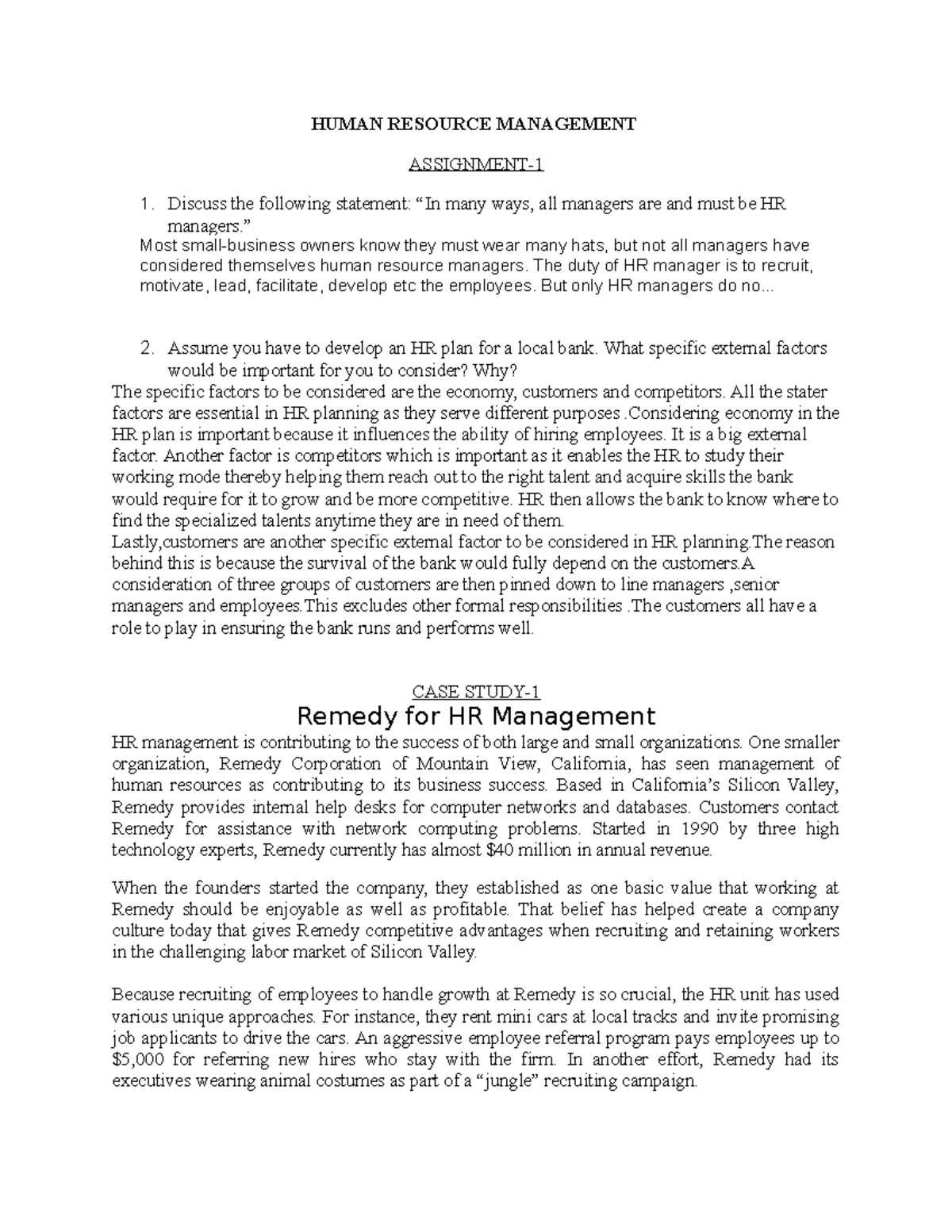 HRM Assignment AND CASE Study-1 (2) - HUMAN RESOURCE MANAGEMENT ...