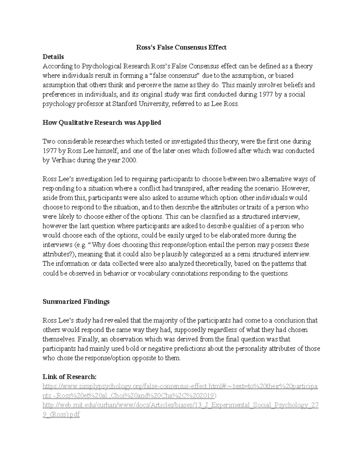 Psychological Study - Qualitative Research - Ross’s False Consensus ...