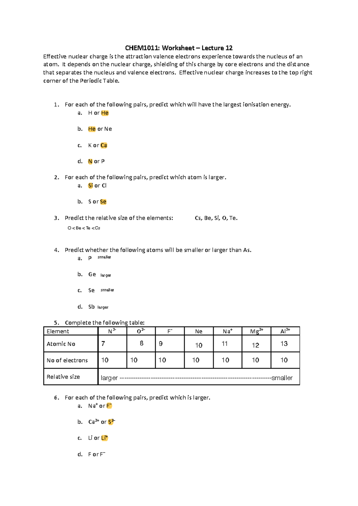 Worksheet 12 - CHEM10 1 1: Worksheet – Lecture 1 2 Effective nuclear ...