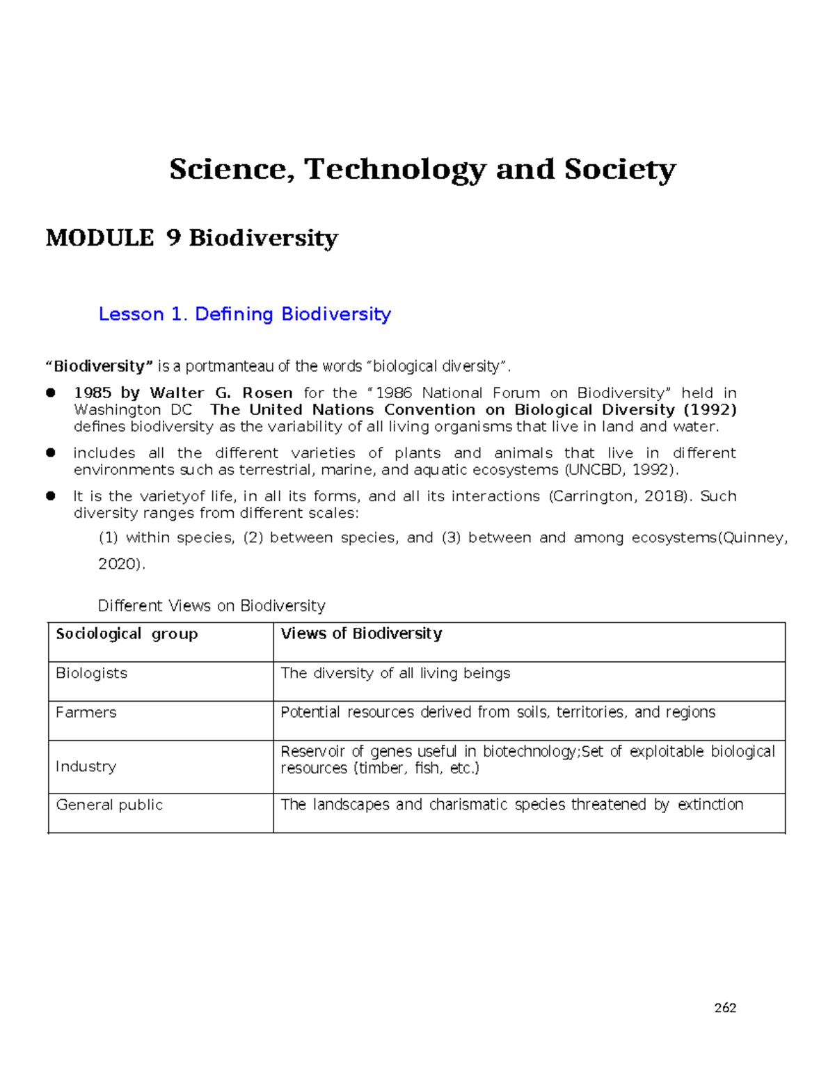 Module 9 STS - Science, Technology and Society MODULE 9 Biodiversity Lesson 1. Defining ...