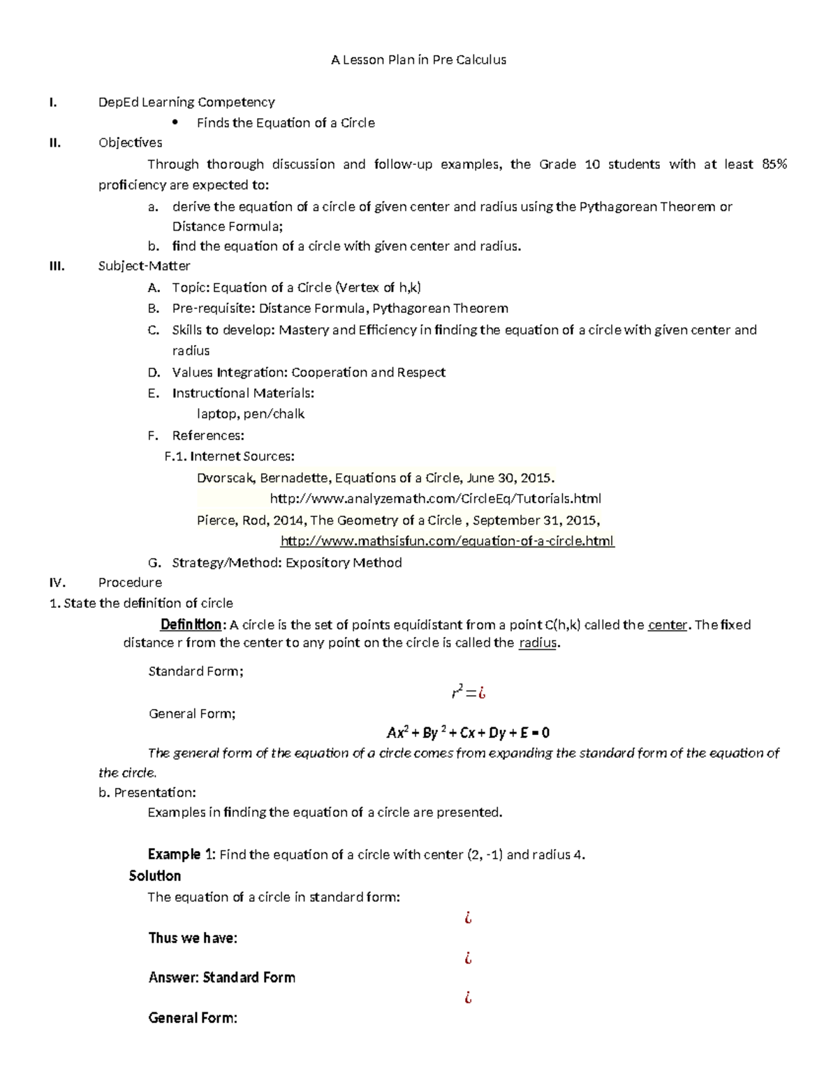 Lesson PLAN PRE Calculus (equation of tghe circle) - A Lesson Plan in ...
