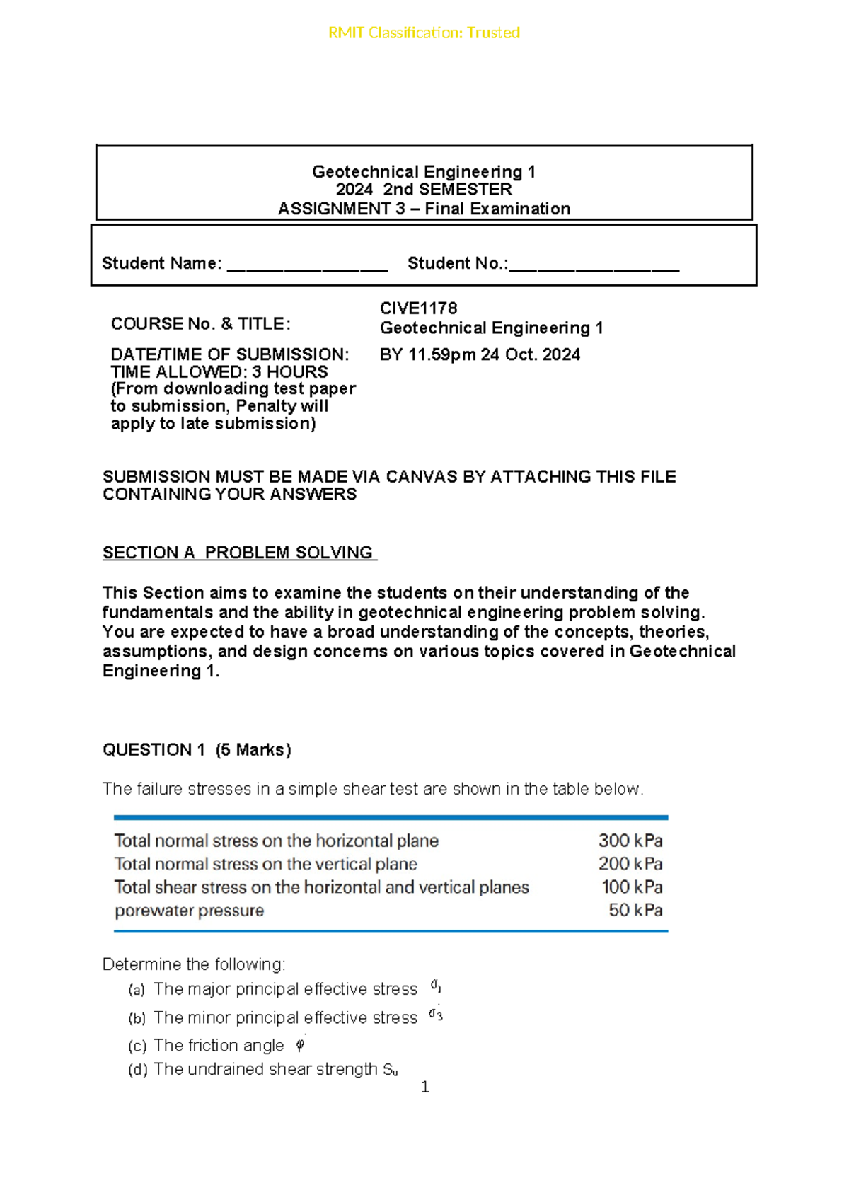 2024 CIVE1178 Assessment 3 Final - Geotechnical Engineering 1 2024 2nd ...
