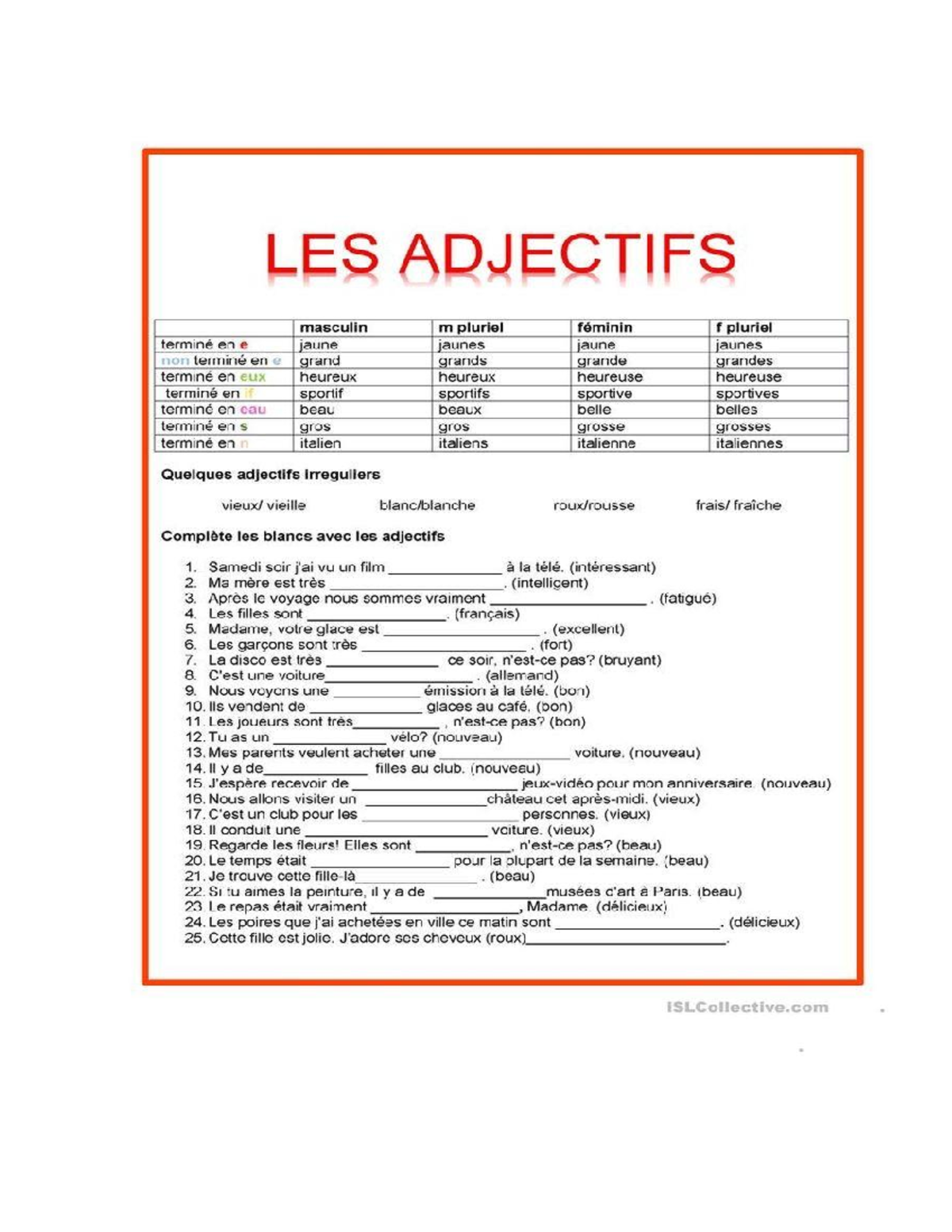 Adjective Class work - French - Studocu