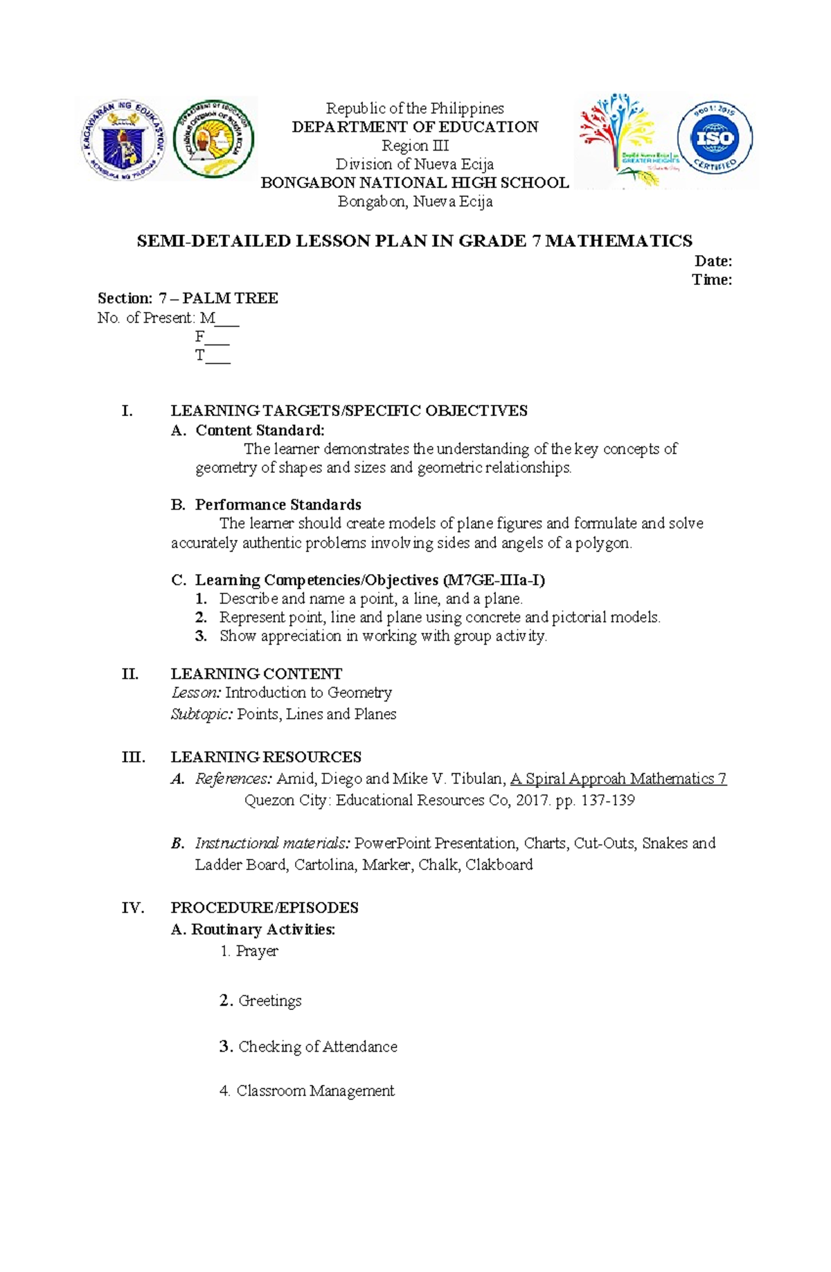 7E Lesson PLAN Mark 3rd quater w - Republic of the Philippines ...
