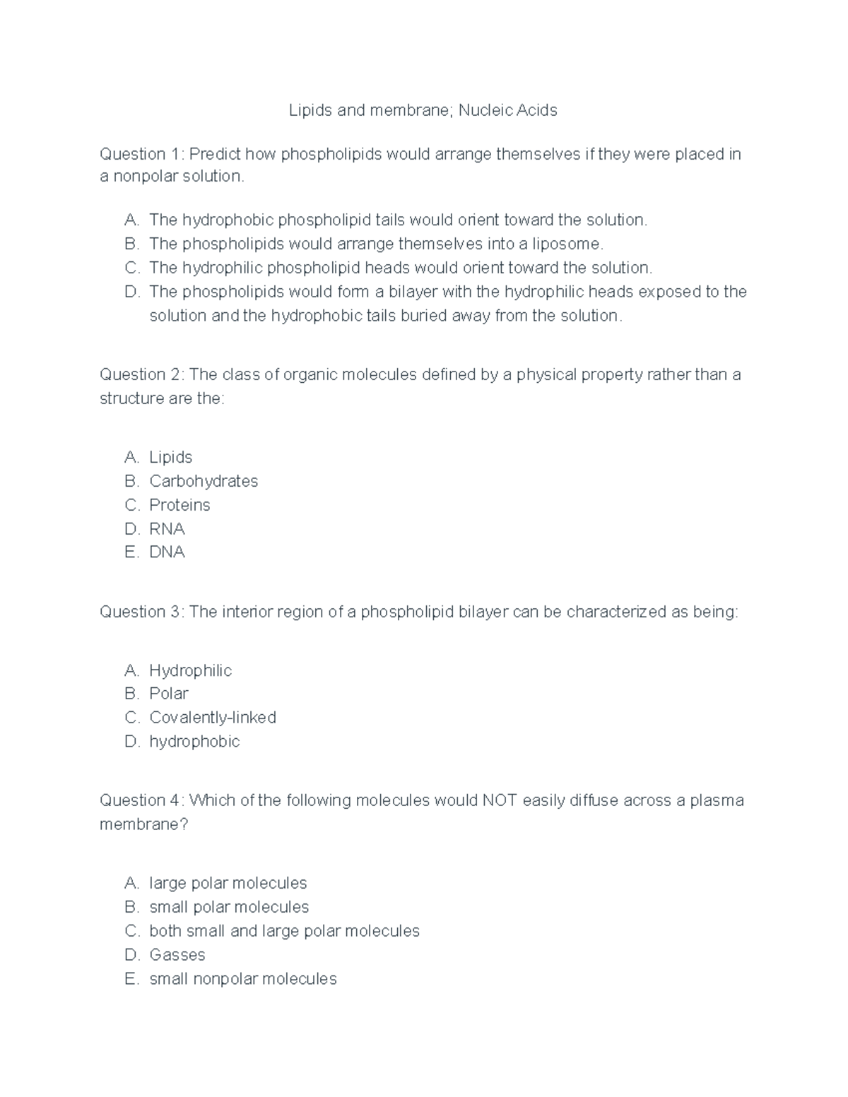 Lipids and membrane; Nucleic Acids worksheet - Lipids and membrane ...