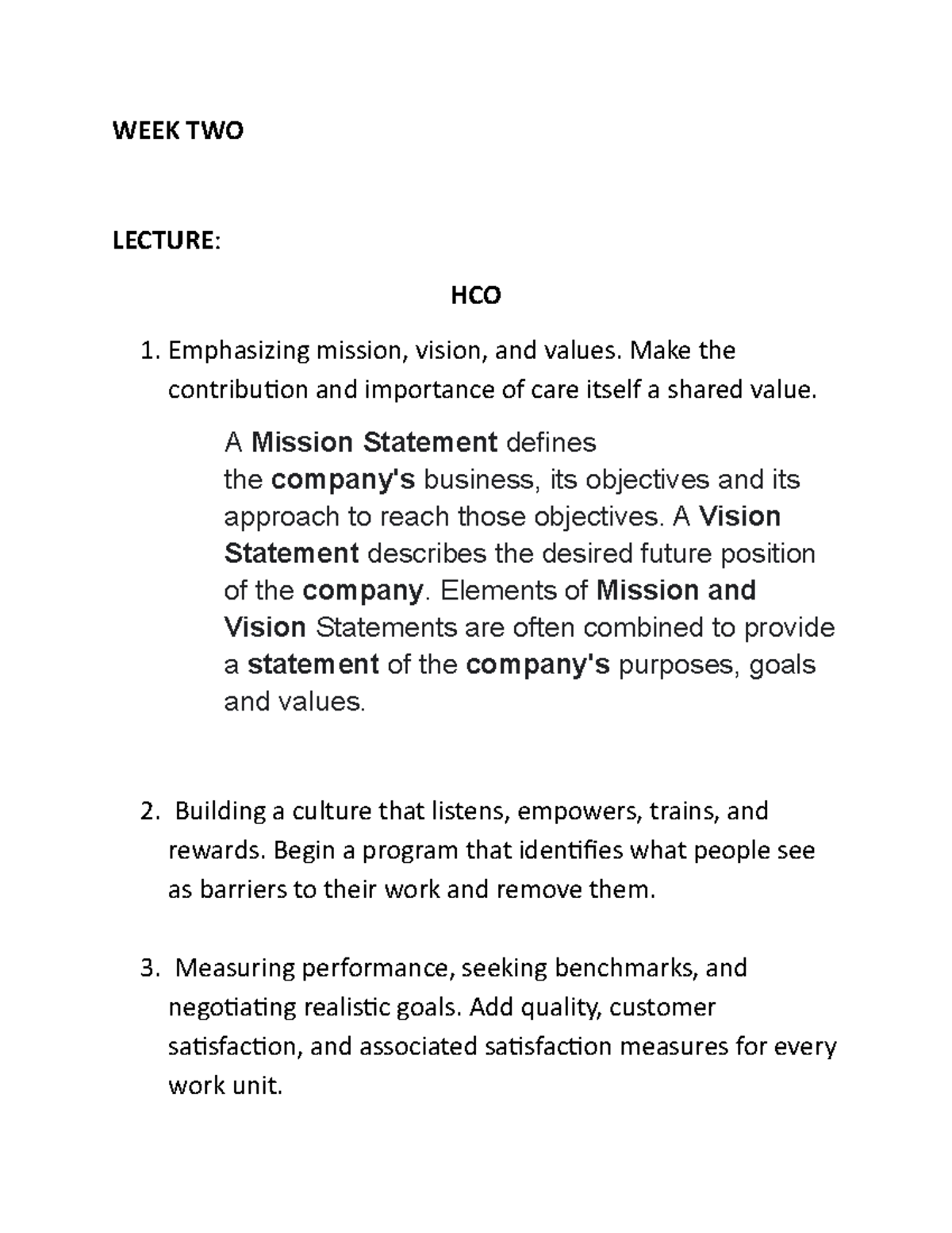 WEEK TWO 505 lecture - a brief note - WEEK TWO LECTURE: HCO Emphasizing mission, vision, and ...