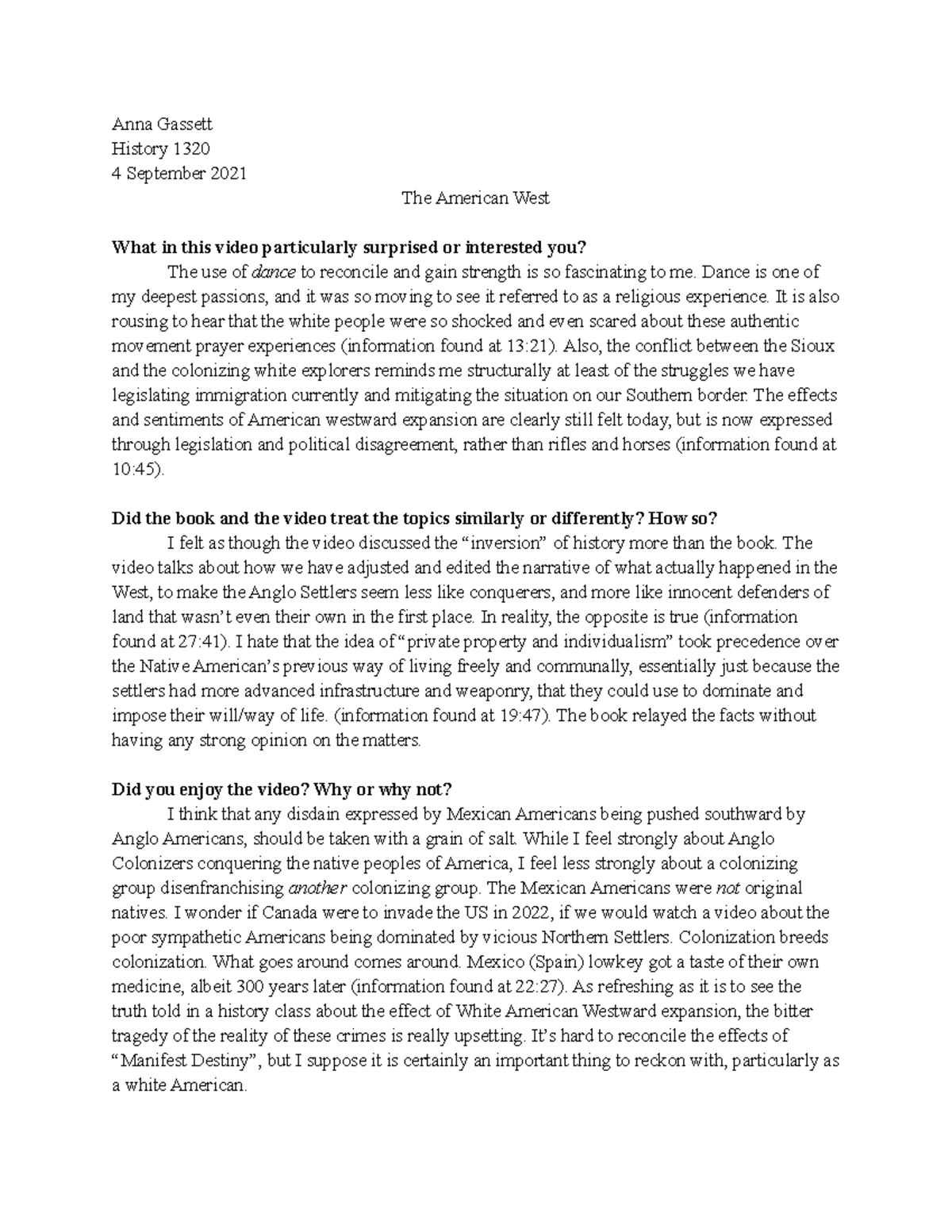 The American West Questions - Anna Gassett History 1320 4 September ...