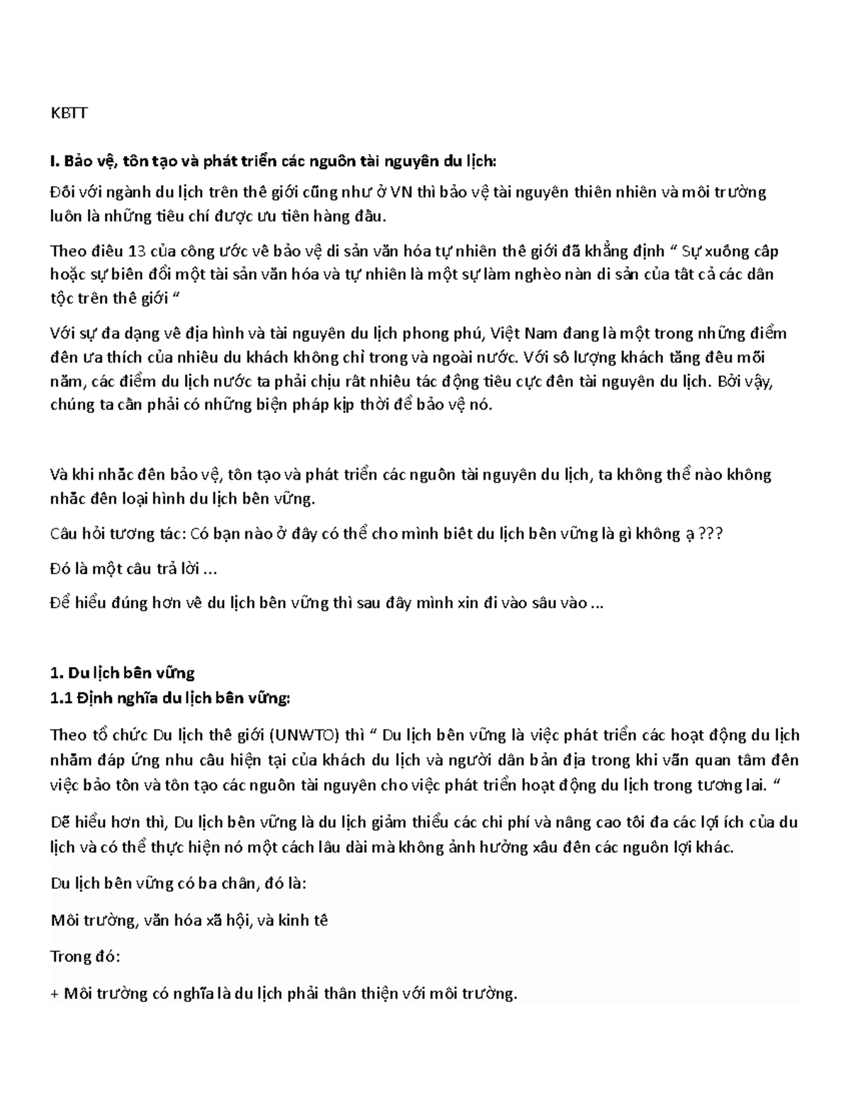 KBTT - giữa kì - KBTT I. B o v , tôn t o và phát tri n các nguôồn tài ...