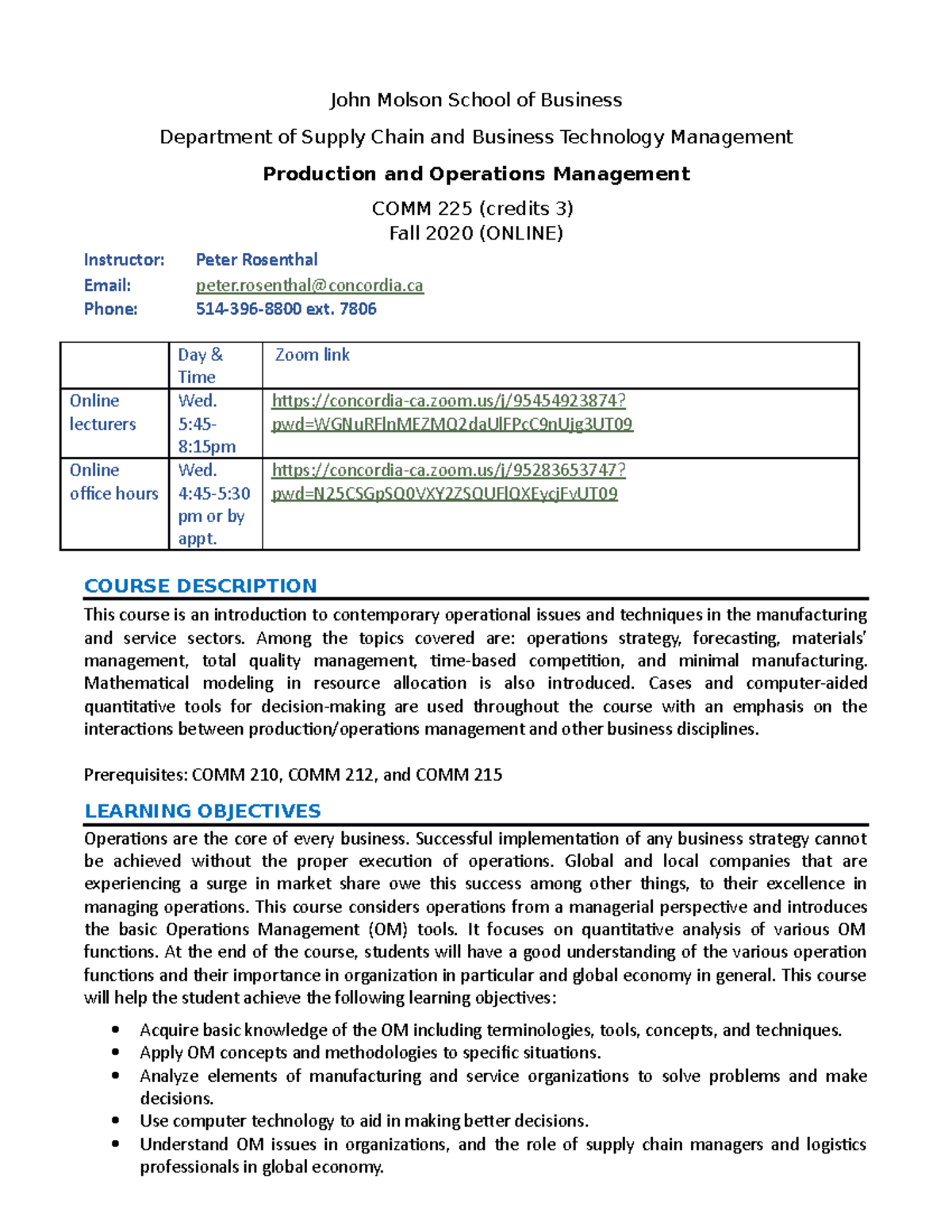 COMM 225 Course Outline - John Molson School of Business Department of ...