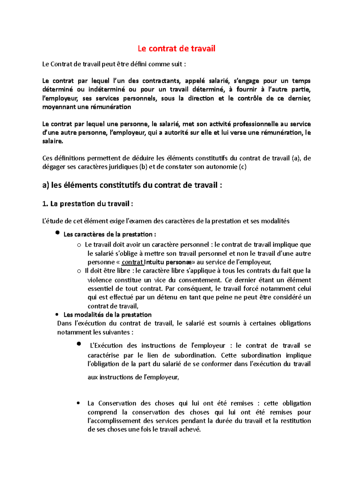Le contrat de travail - Ces définitions permettent de déduire les ...