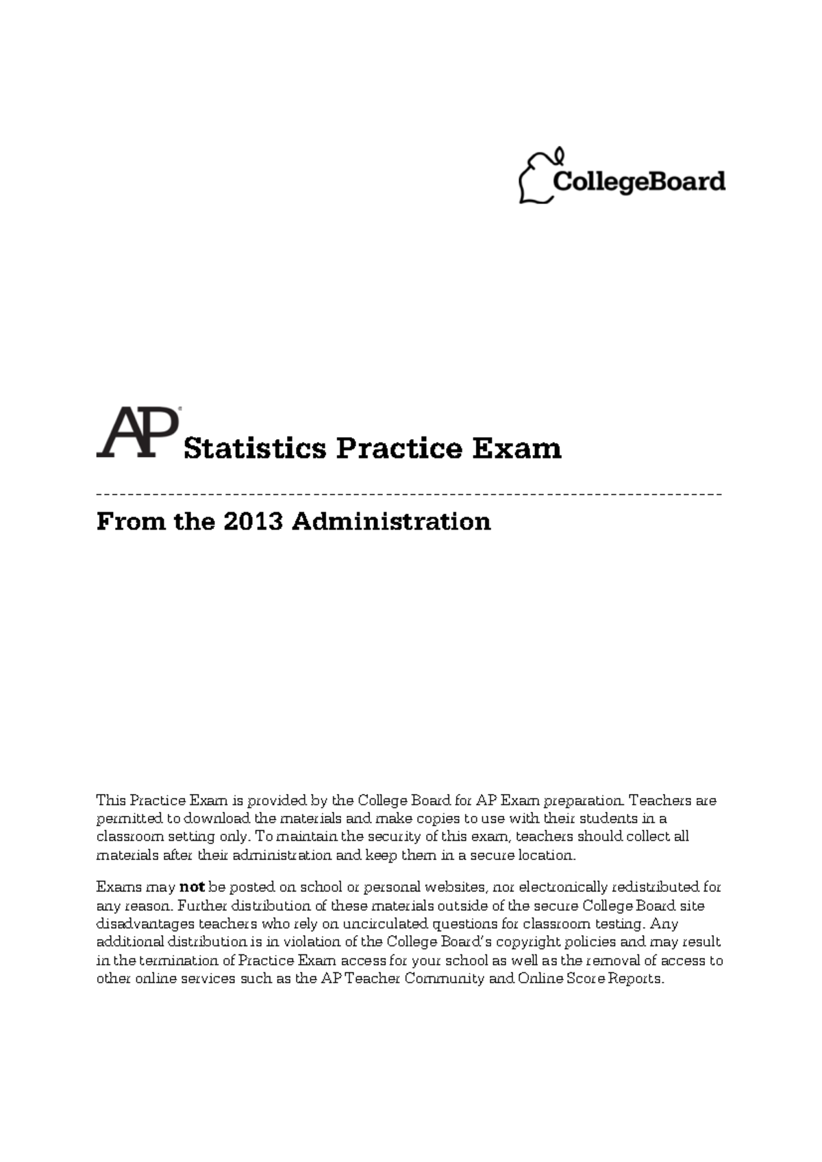 AP Stat 2013 Practice Exam - Statistics Practice Exam From the 2013 ...