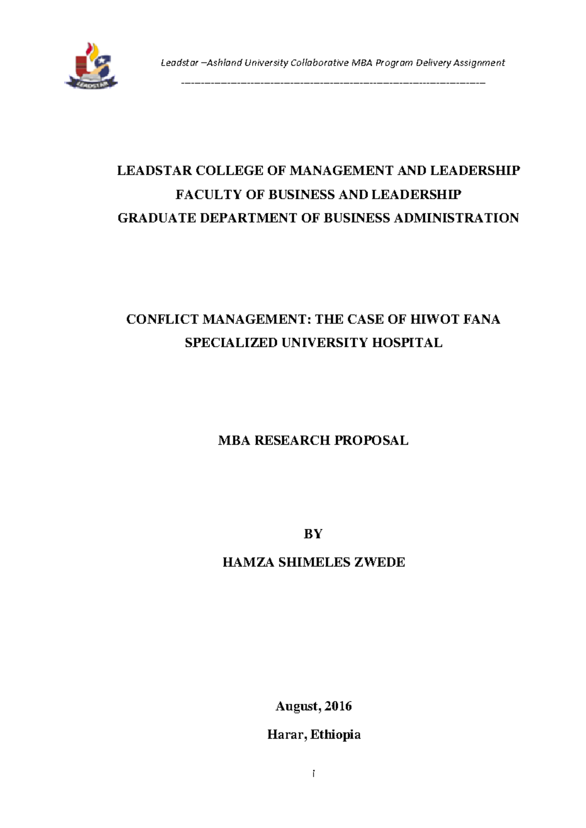 Conflict Management-Proposal -Hamza S - i Leadstar – Ashland University Collaborative MBA ...