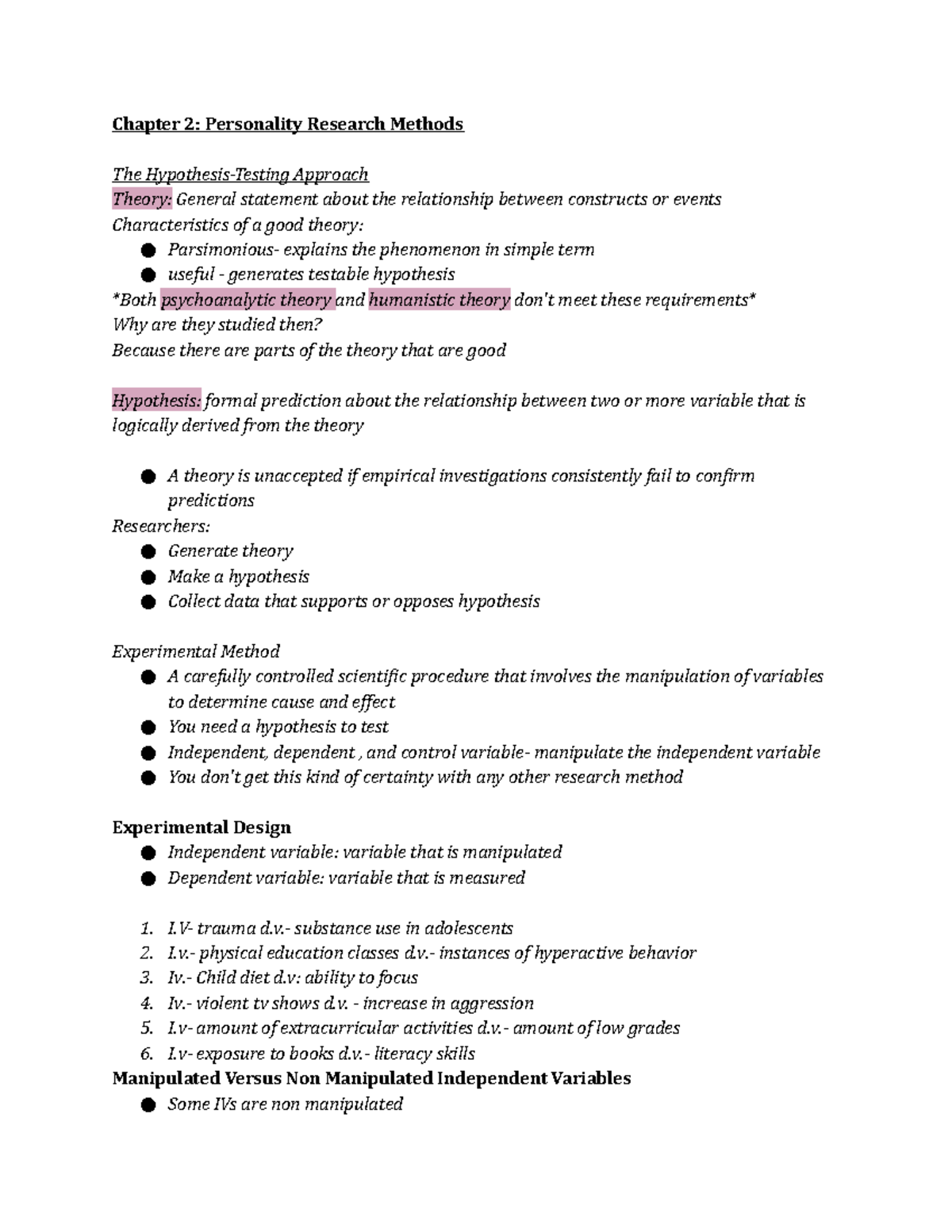 Chapter 2 - Psych of Personality - Chapter 2: Personality Research Methods The Hypothesis ...